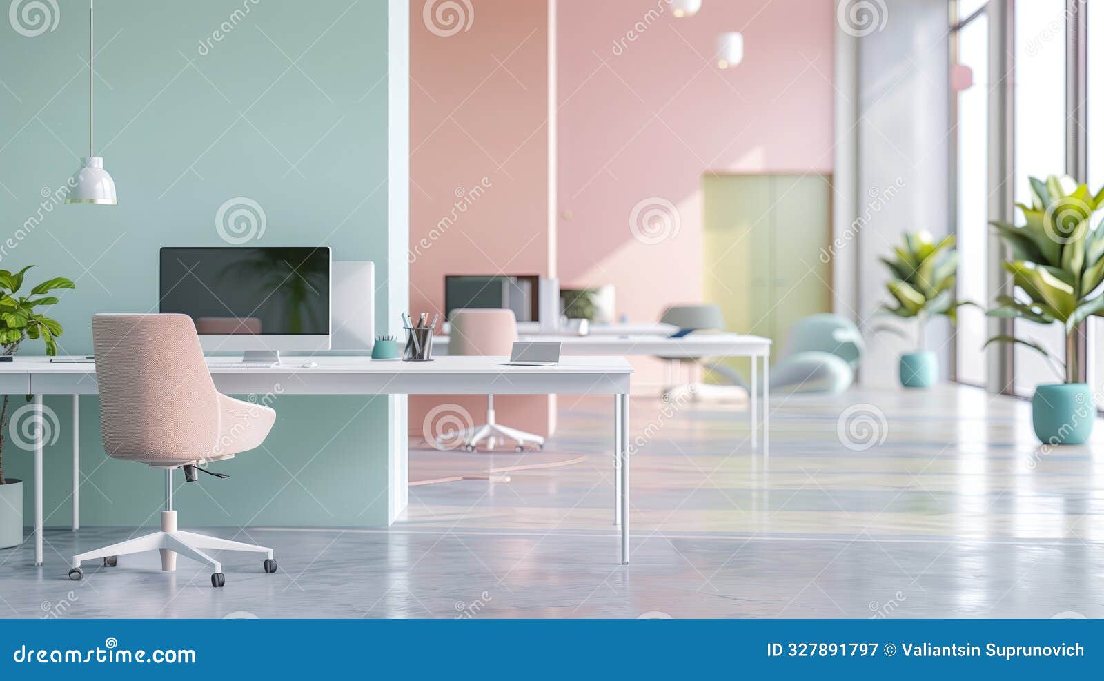 A Realistic of a Modern Office Interior in Pastel Tones, Featuring ...