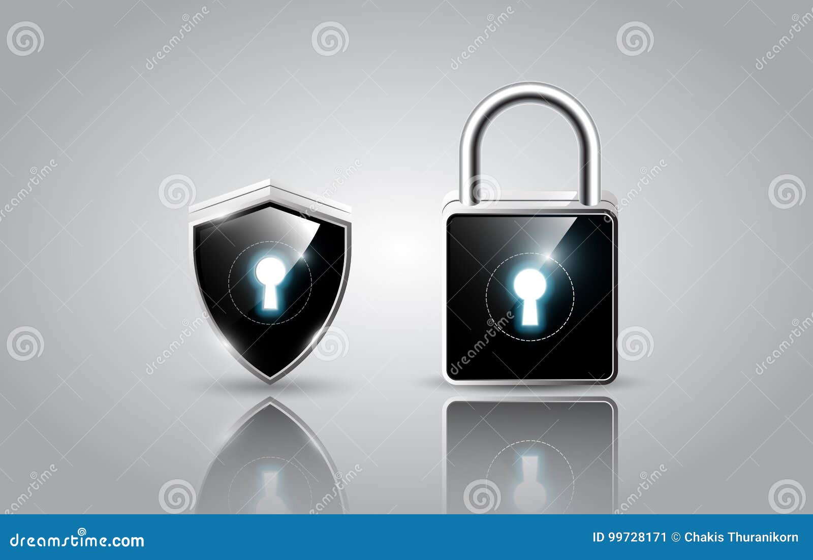 Realistic Modern Padlock and Shield, Security Network Protection ...