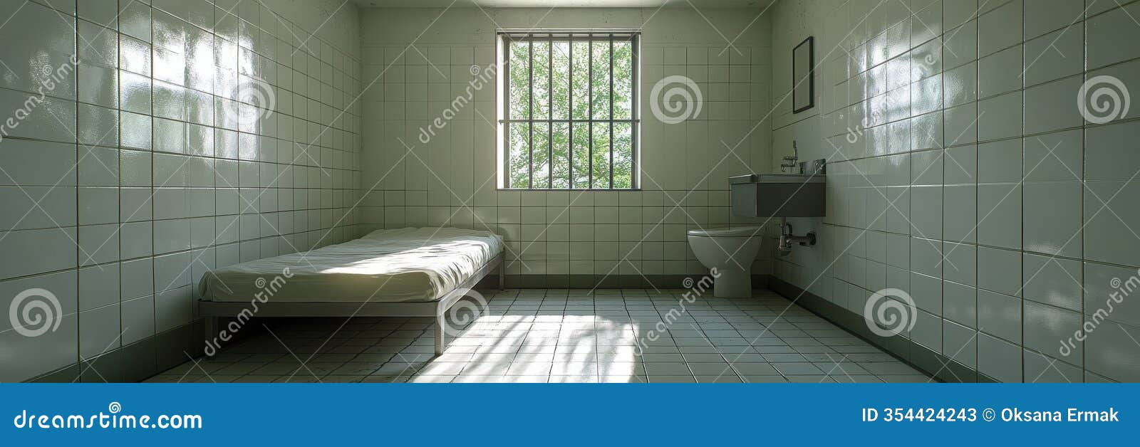 A Realistic Modern Prison Cell with Plain White or Light-gray Concrete ...