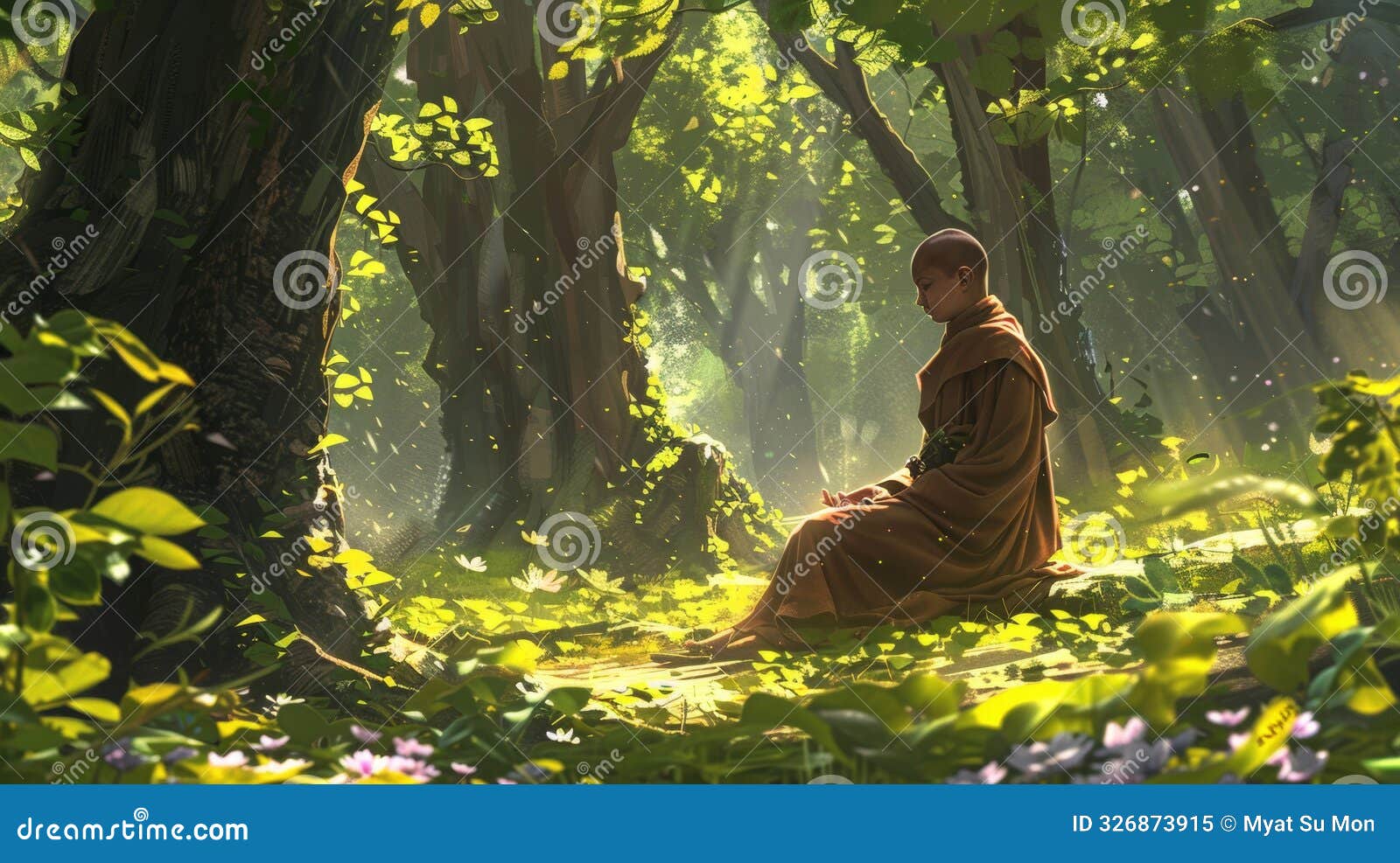 A Realistic Monk Meditating Peacefully In A Serene Forest Stock ...