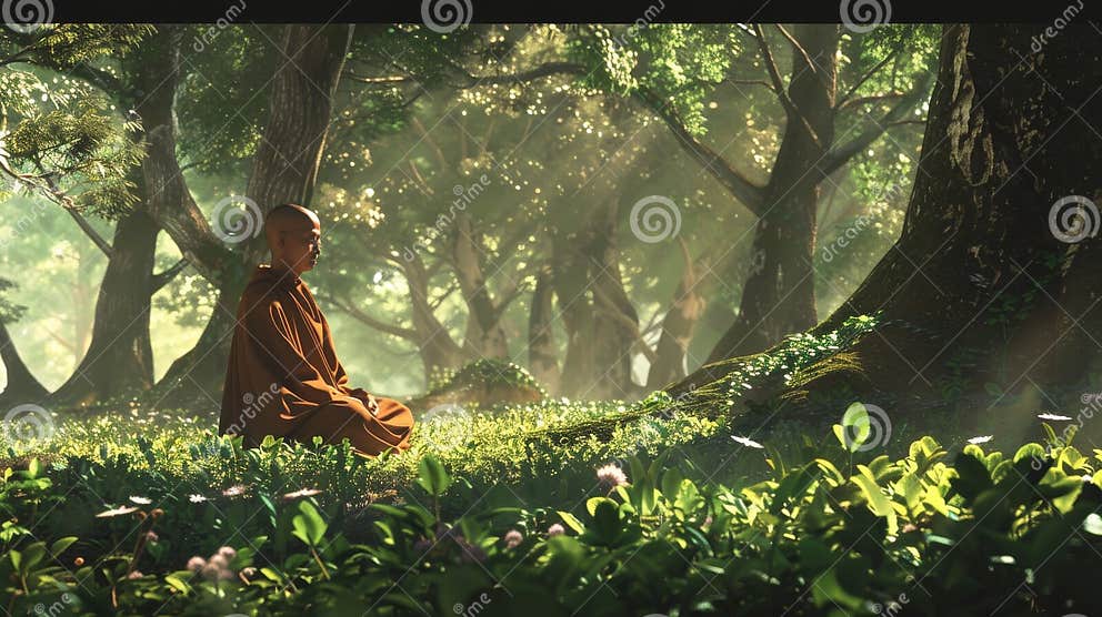 A Realistic Monk Meditating Peacefully in a Serene Forest Stock ...