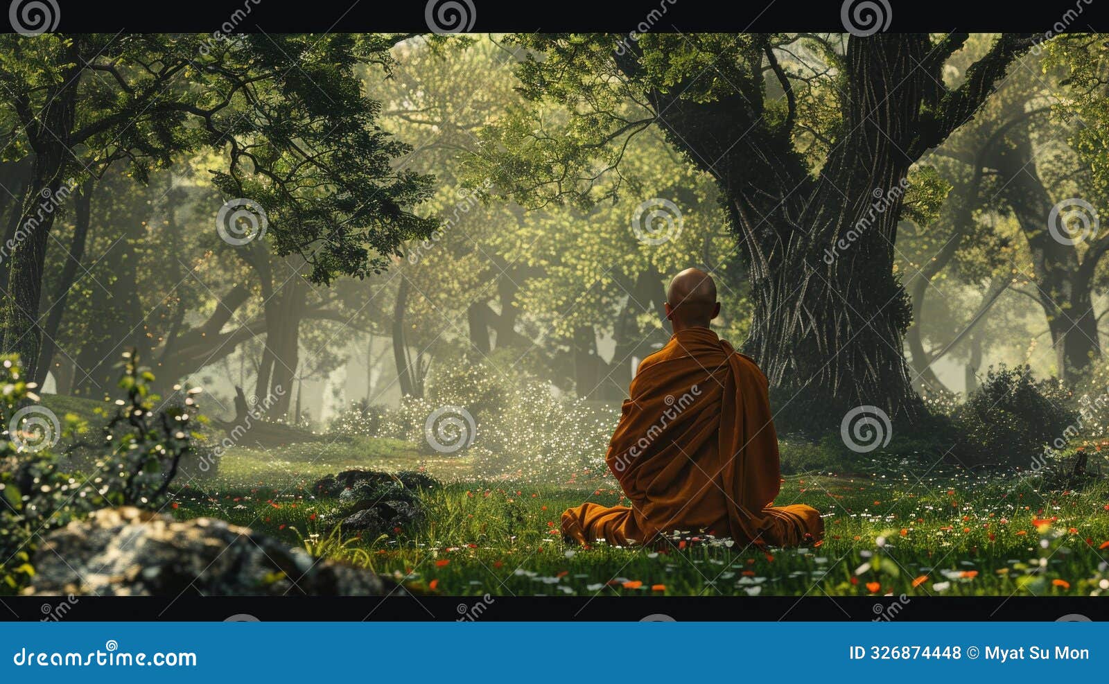 A Realistic Monk Meditating Peacefully in a Serene Forest Stock ...