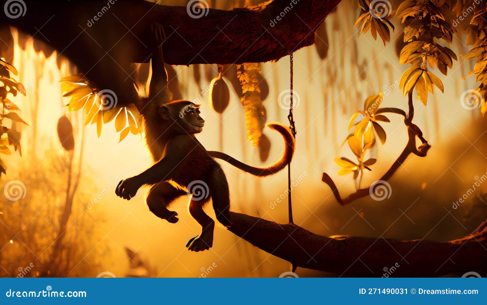 Realistic Monkey Swinging from a Tree Stock Illustration - Illustration ...