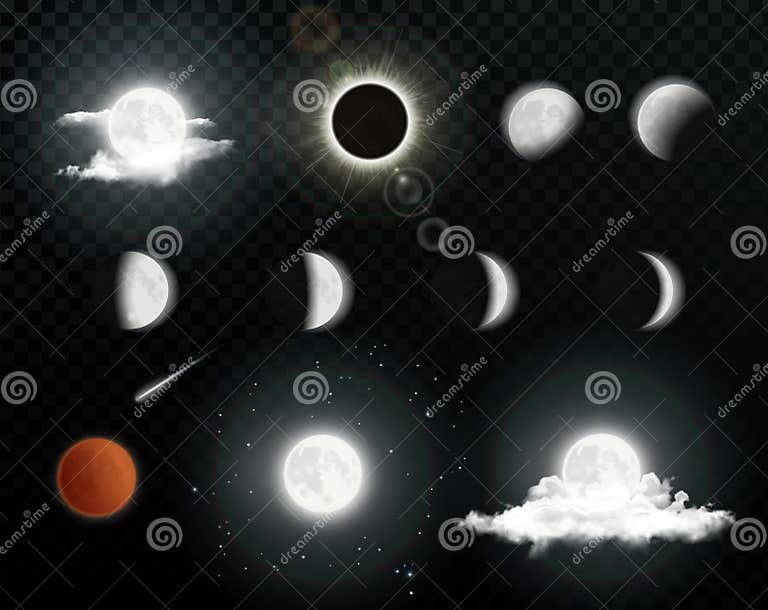 Realistic Moon Phases with Clouds Stock Vector - Illustration of ...