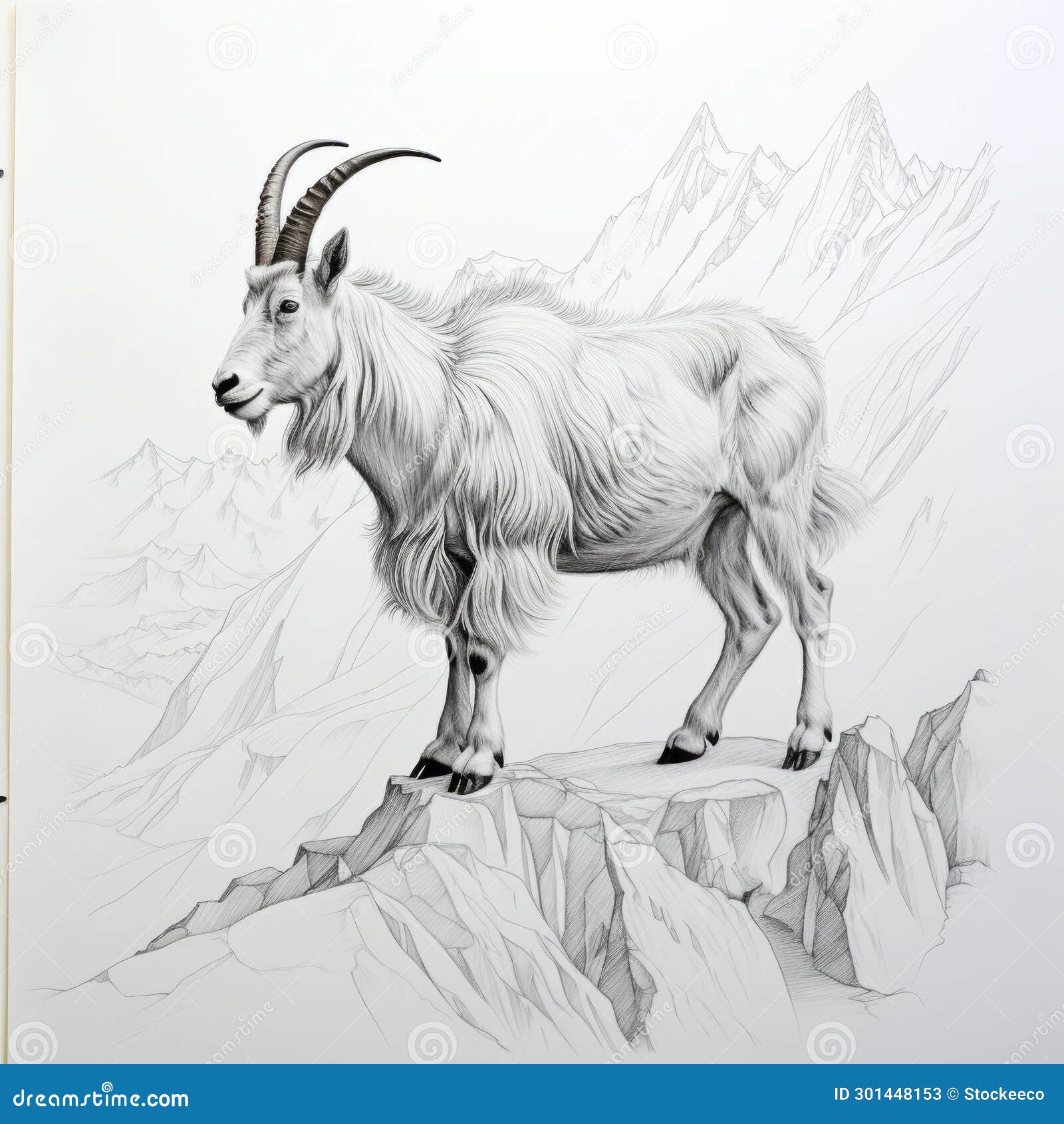 Realistic Mountain Goat Drawing with Bold Linework Stock Illustration ...