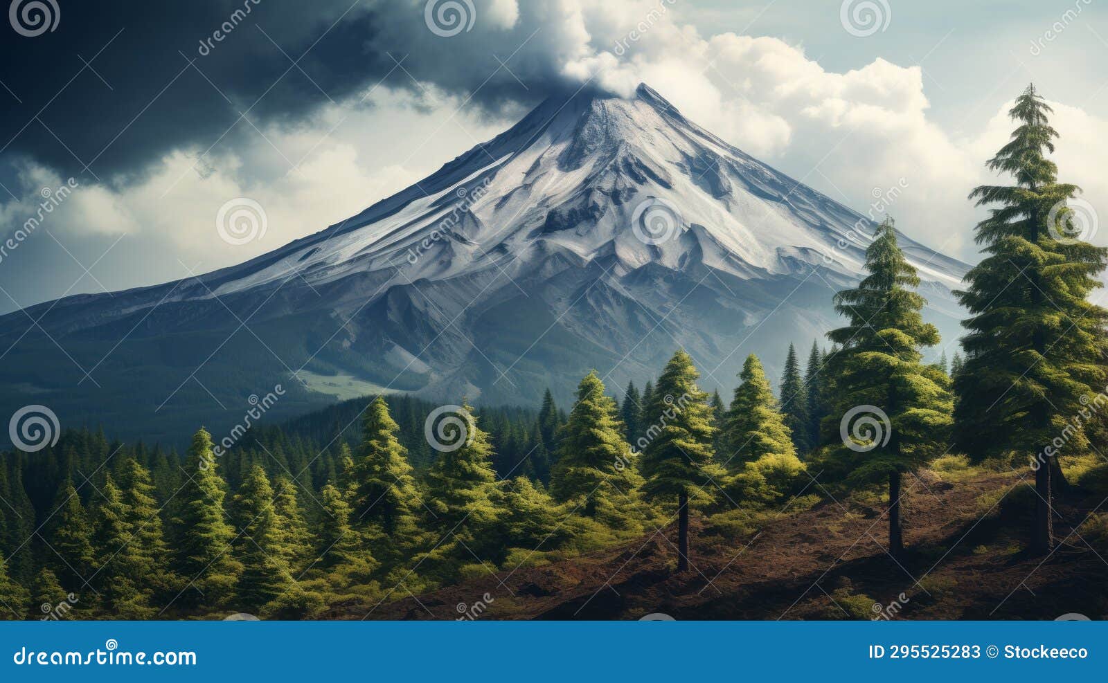 Realistic Mountain Wallpaper with Volcano and Rainy Deciduous Trees ...