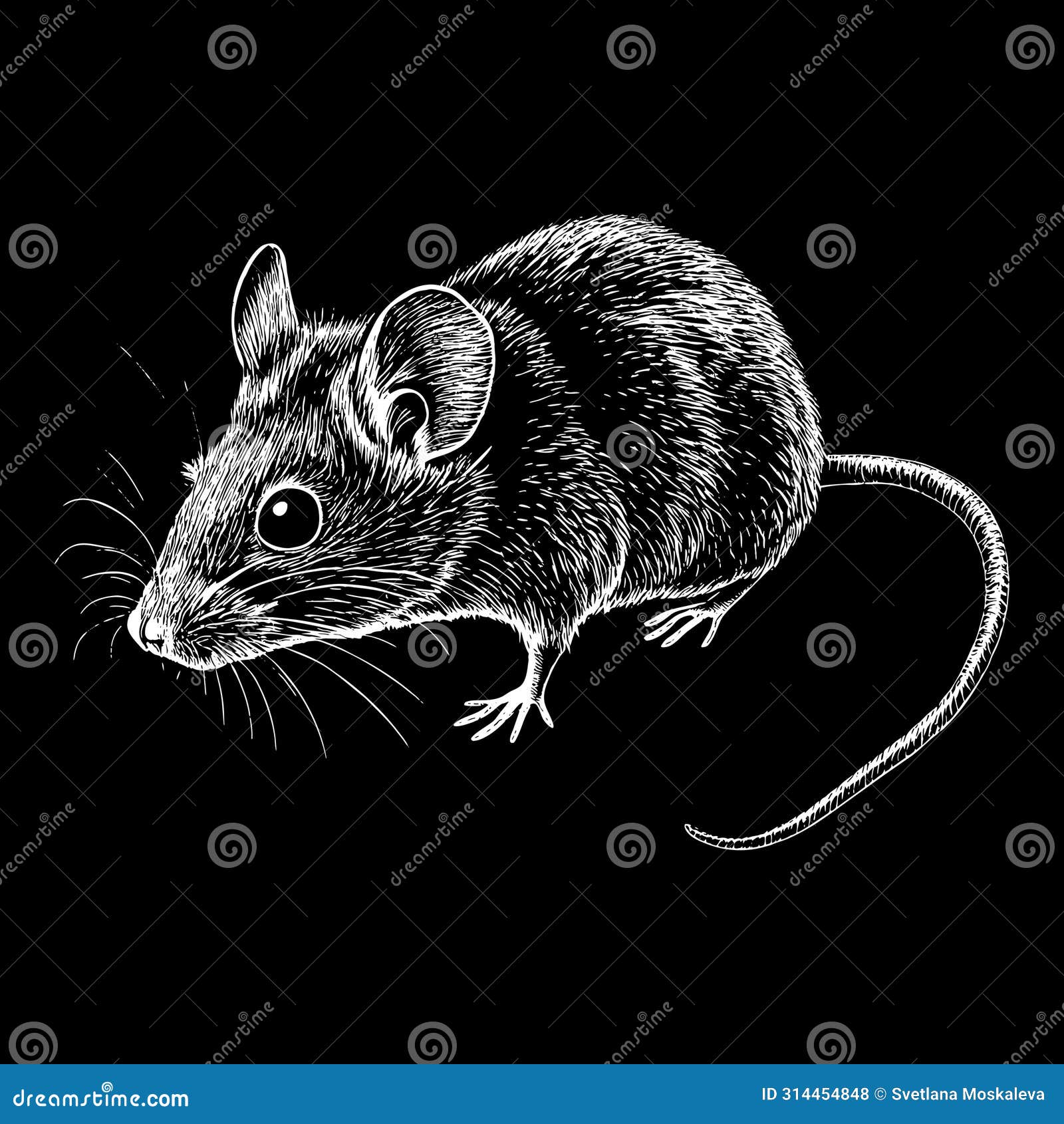 Realistic Mouse Drawing in Engraving Style, White on a Black Background ...