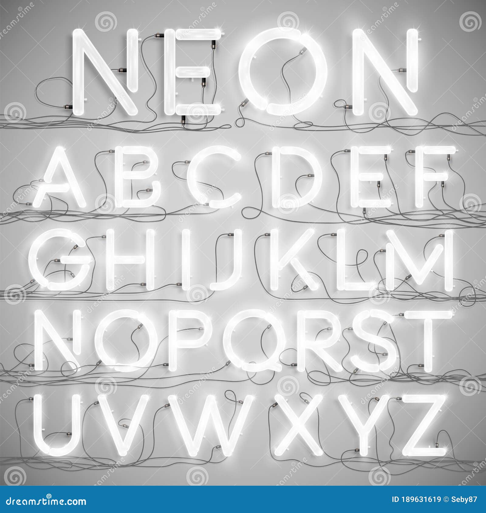 Realistic Neon Alphabet On A Background Of Black Brick Wall. Bright ...