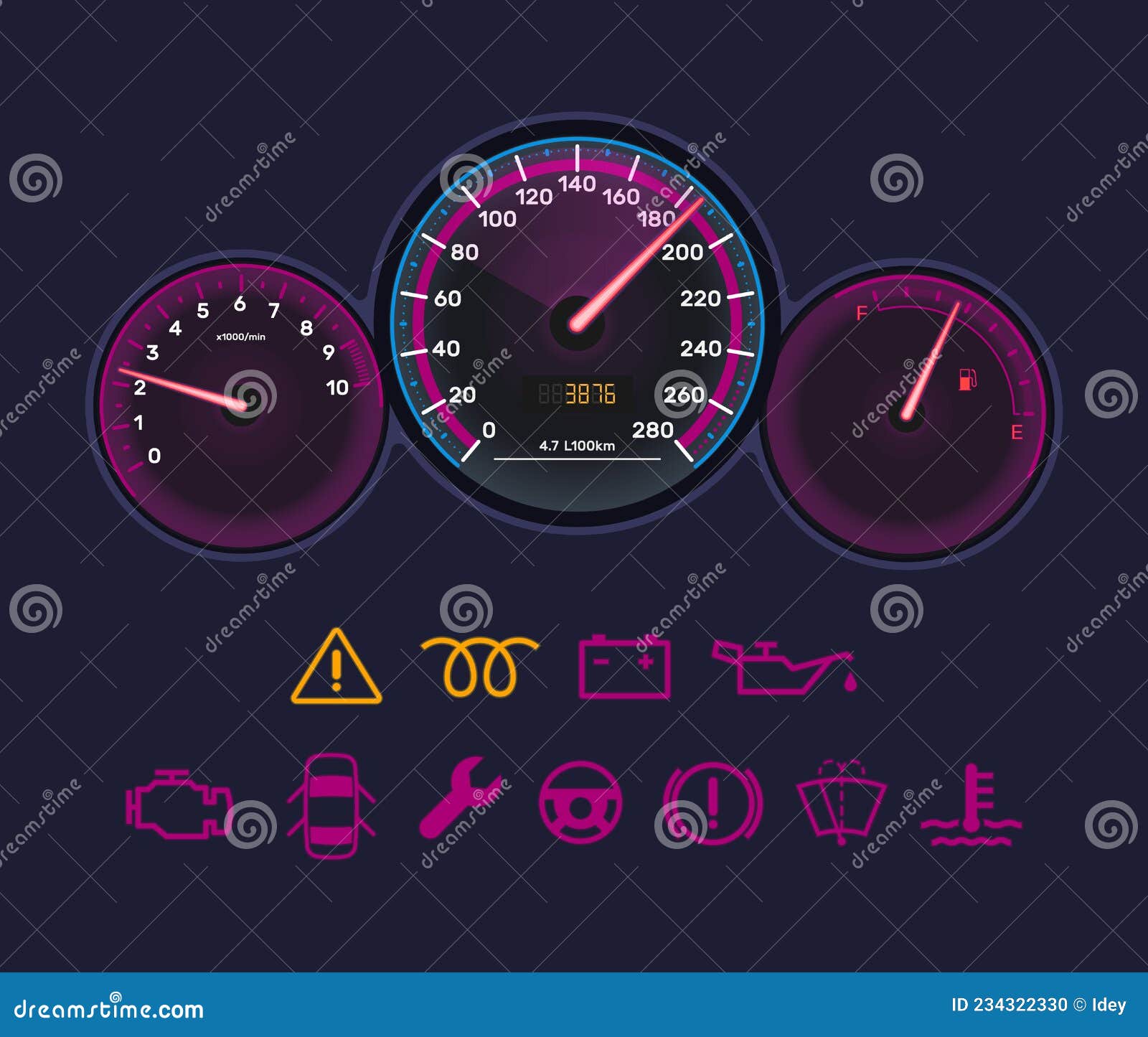 Realistic Neon Light Automobile Dashboard Indicator Interface. Counter ...