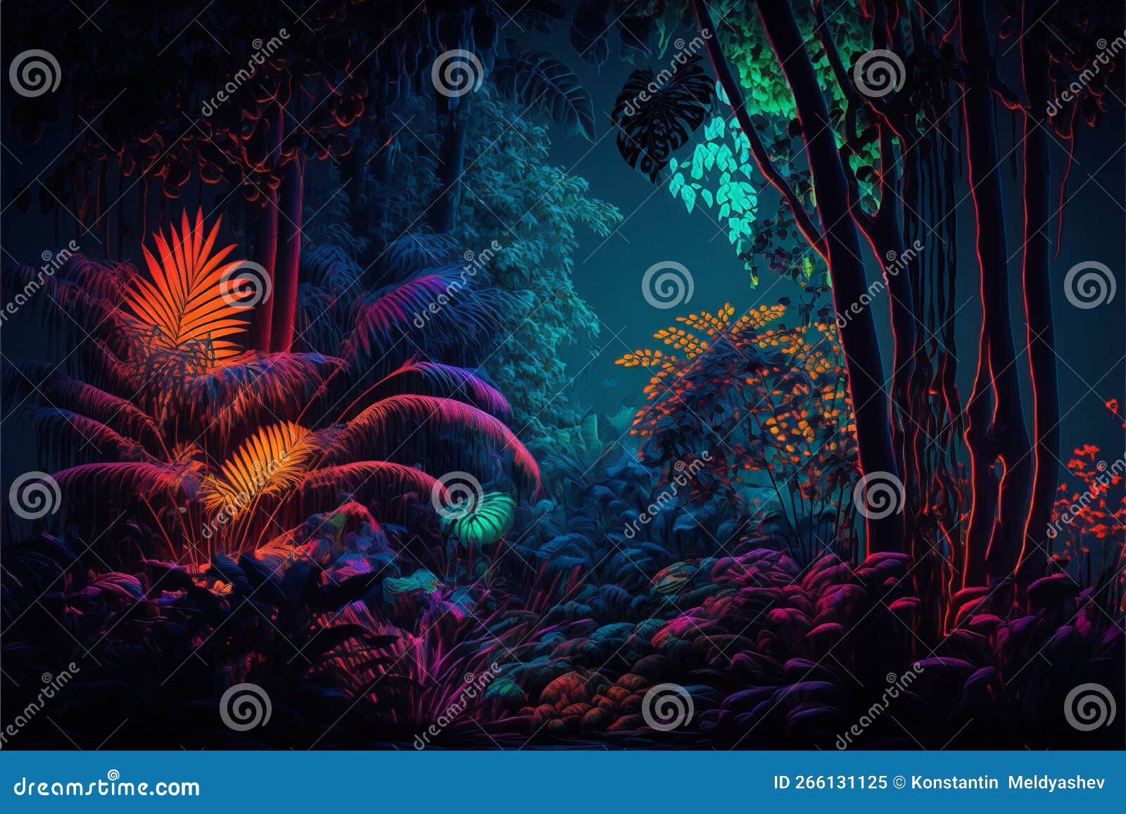 Realistic Night Jungle in Neon Lighting Stock Illustration ...