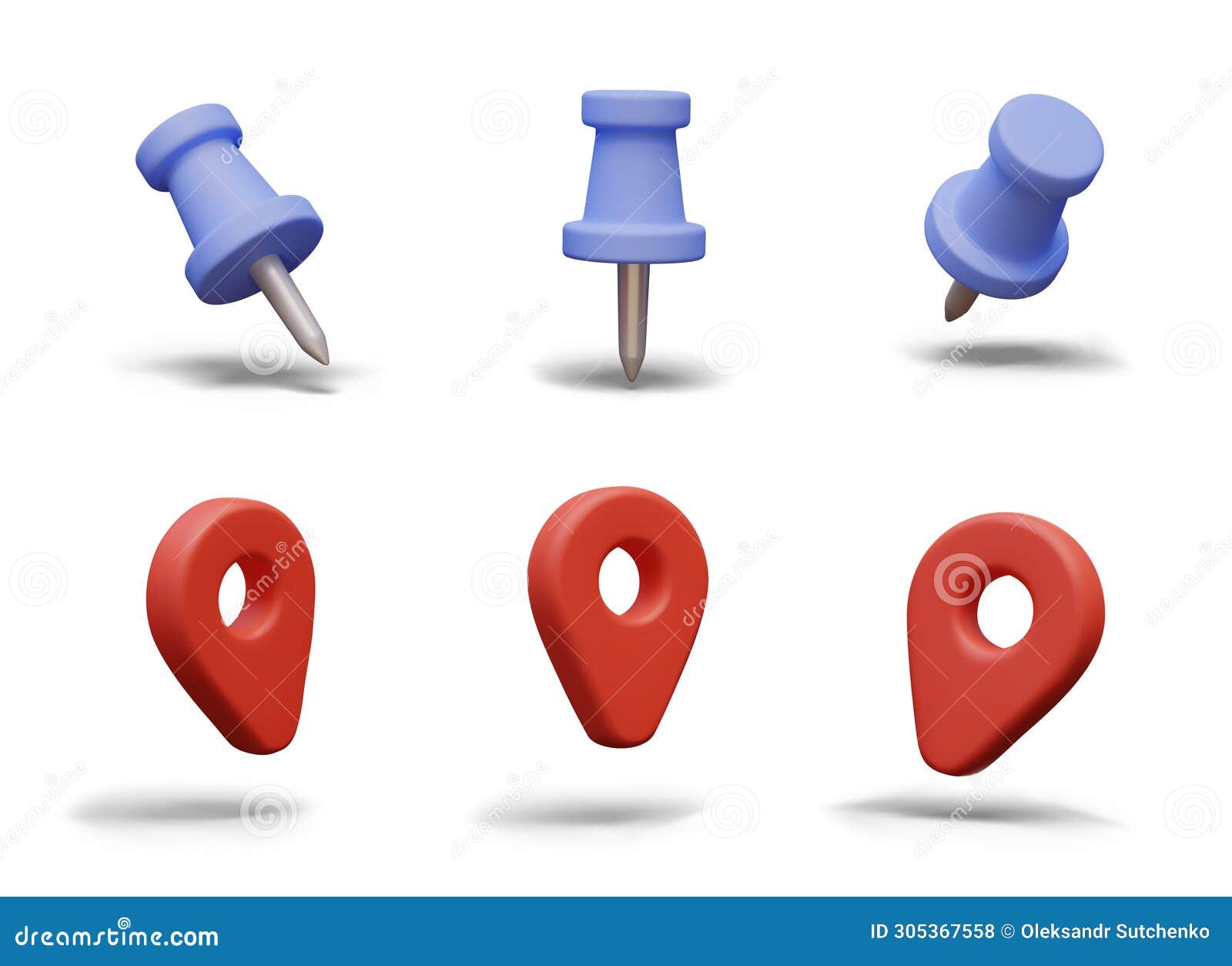 Realistic Office Elements. Plastic Blue Pushpin and Red Pin for Mark ...