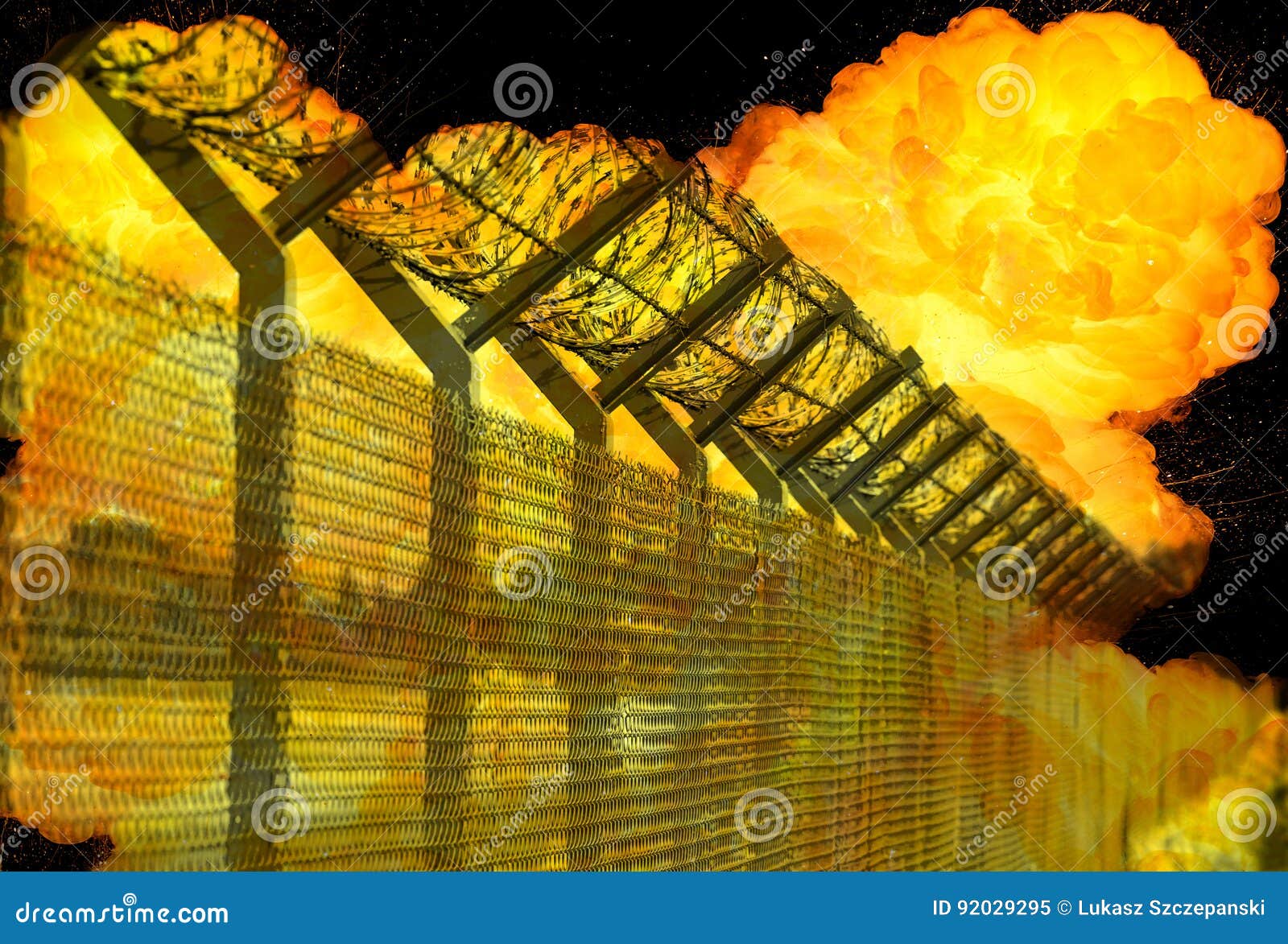 Realistic Orange Fire Explosion Behind Restricted Area Barbed Wire ...