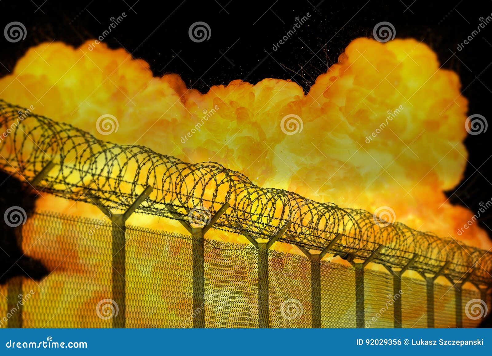 Realistic Orange Fire Explosion Behind Restricted Area Barbed Wire ...
