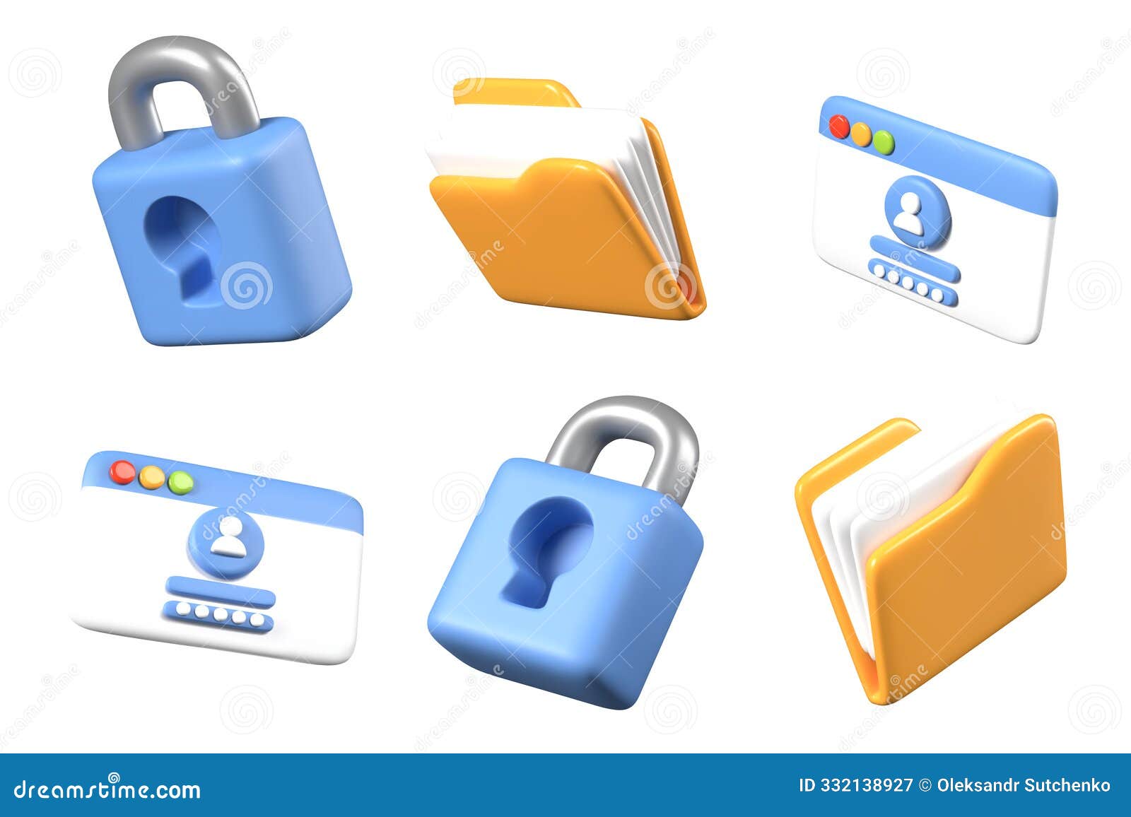 Realistic Padlock, Yellow Folder with Documents, User Account Card ...