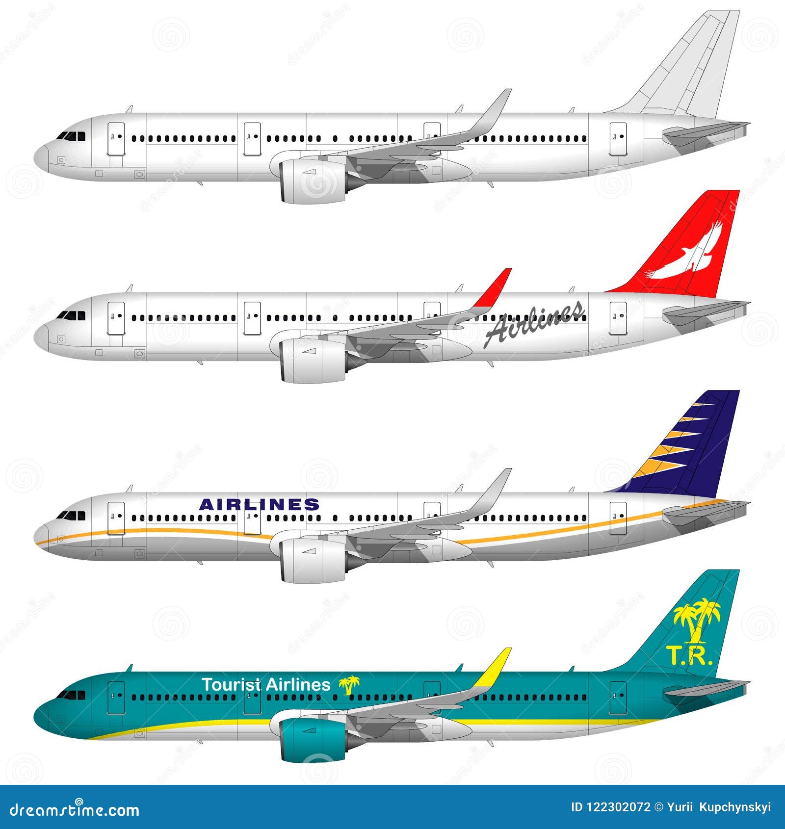 Realistic Passenger Airplane Mock Up, Airliner In Top, Side, Front View ...