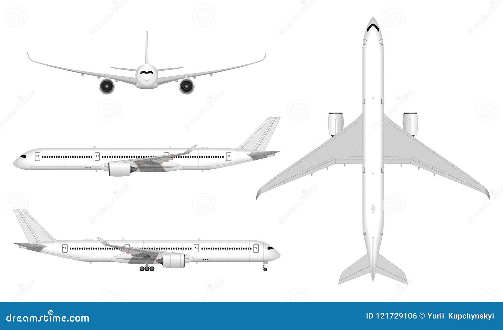 Realistic Passenger Airplane Mock Up, Airliner In Top, Side, Front View ...