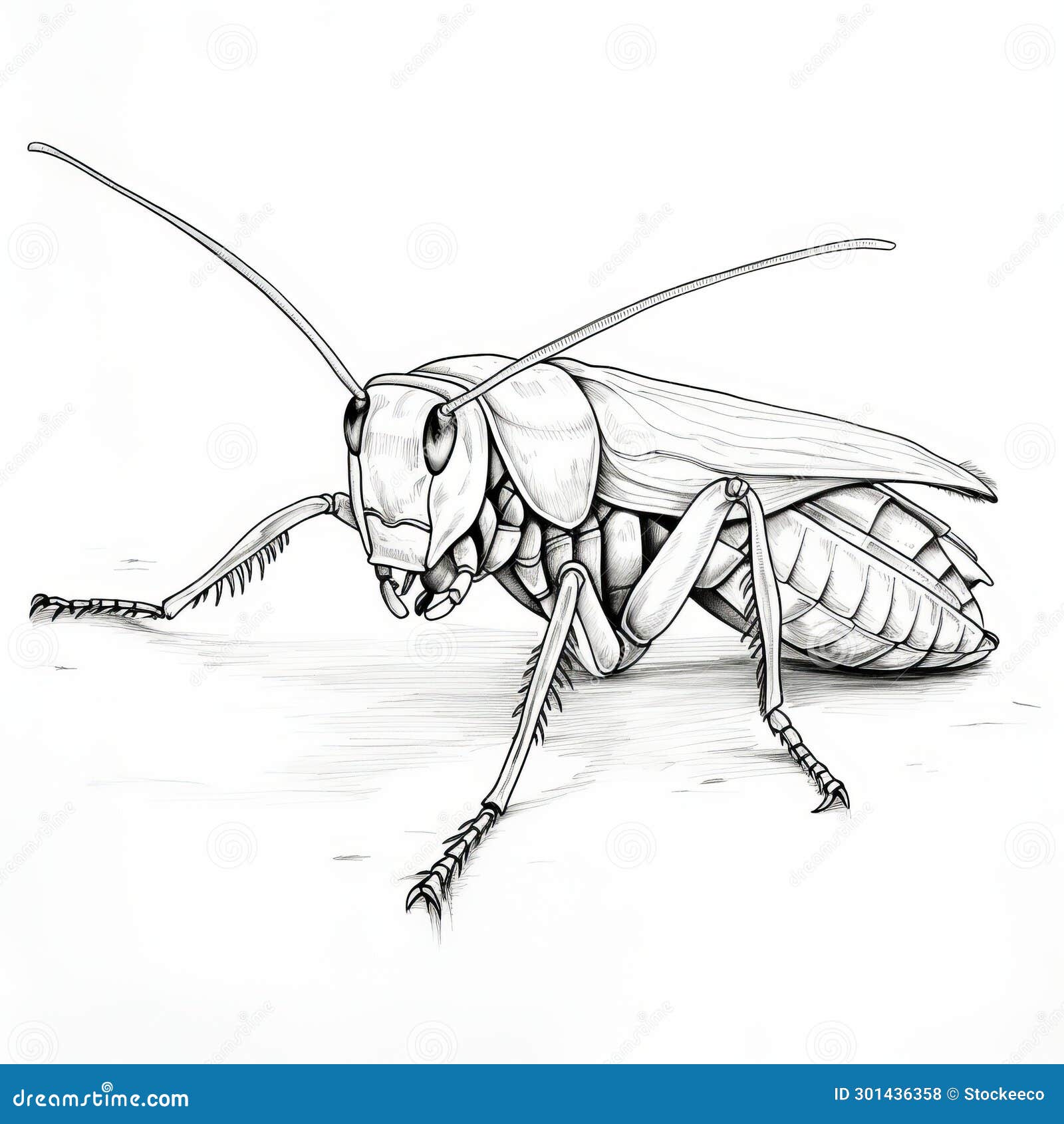 Realistic Perspective Detailed Grasshopper Drawing In Black And White Stock Illustration
