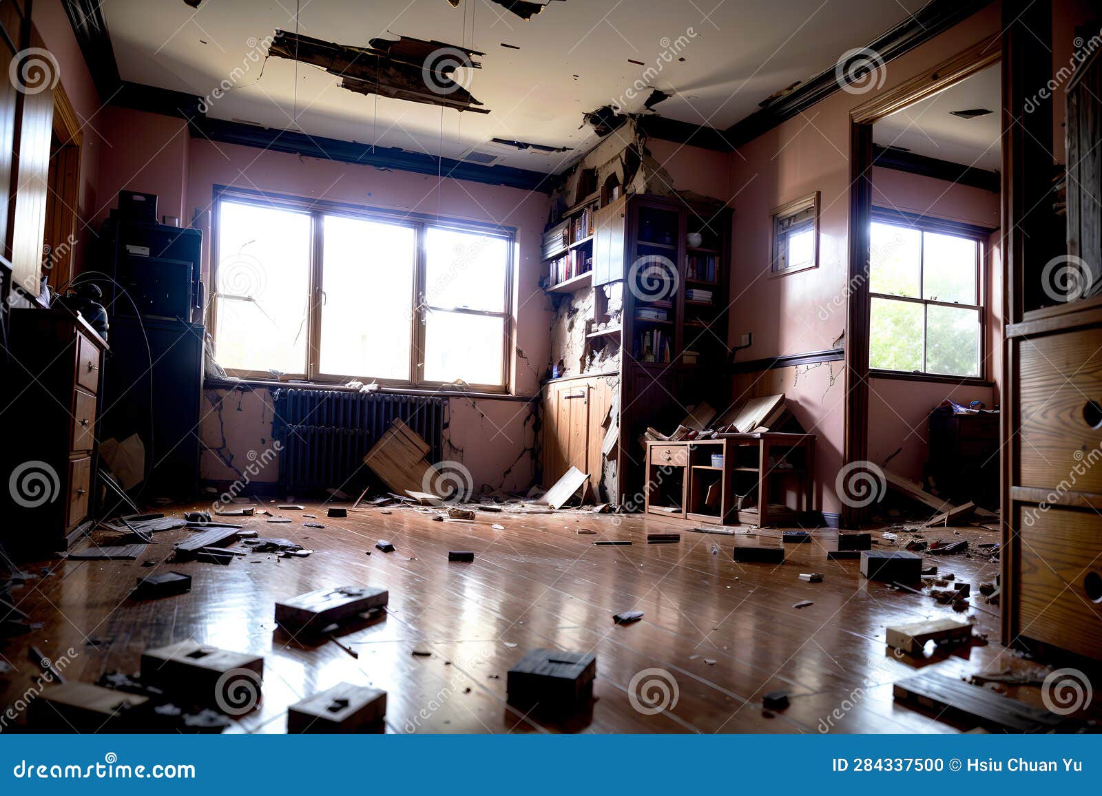 Realistic Photo of Destructed Broken Room Interior Stock Illustration ...