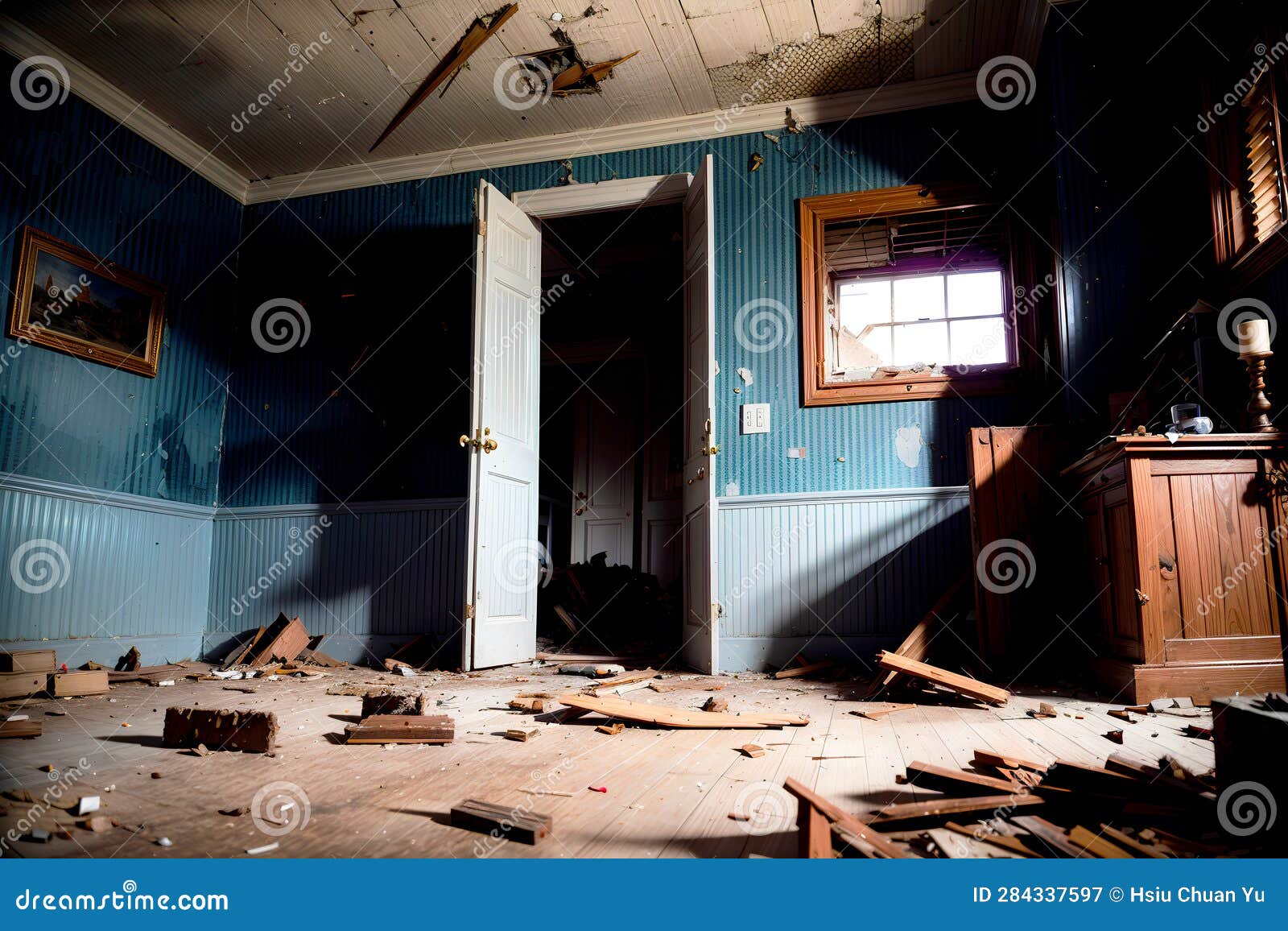 Realistic Photo of Destructed Broken Room Interior Stock Illustration ...