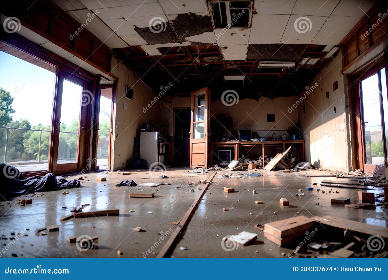 Realistic Photo of Destructed Broken Room Interior Stock Illustration ...