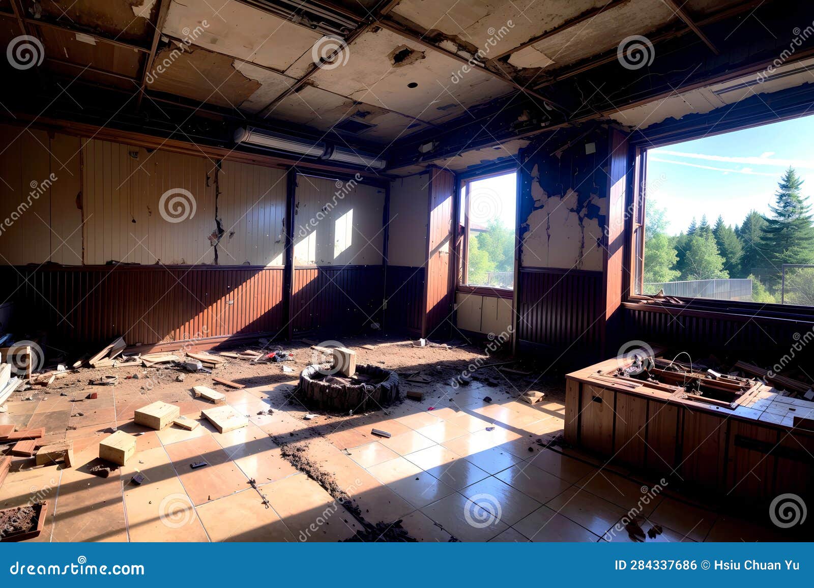 Realistic Photo of Destructed Broken Room Interior Stock Illustration ...