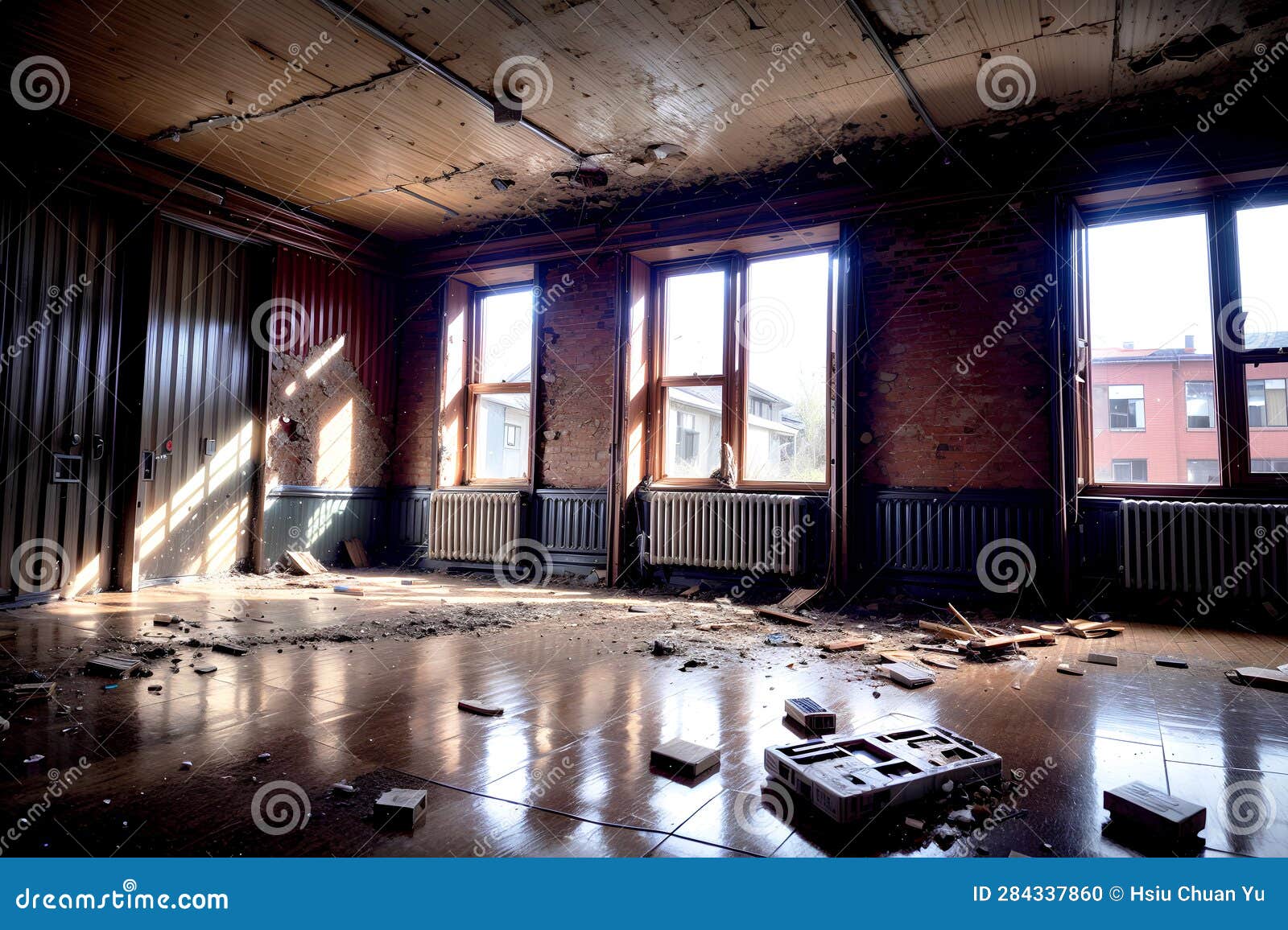 Realistic Photo of Destructed Broken Room Interior Stock Illustration ...