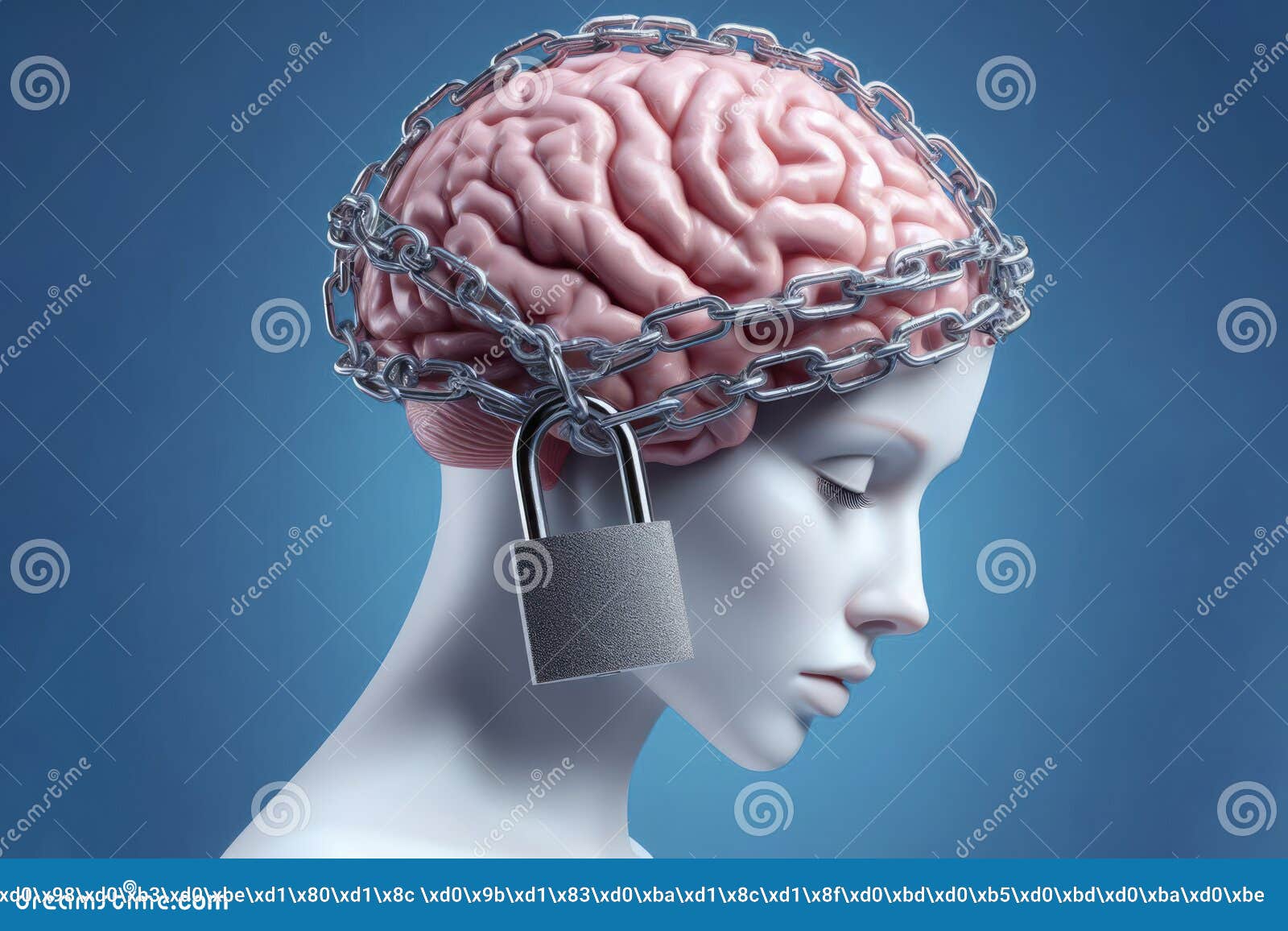 Realistic Photo Human Brain in Chains on a Padlock on a Blue Background ...