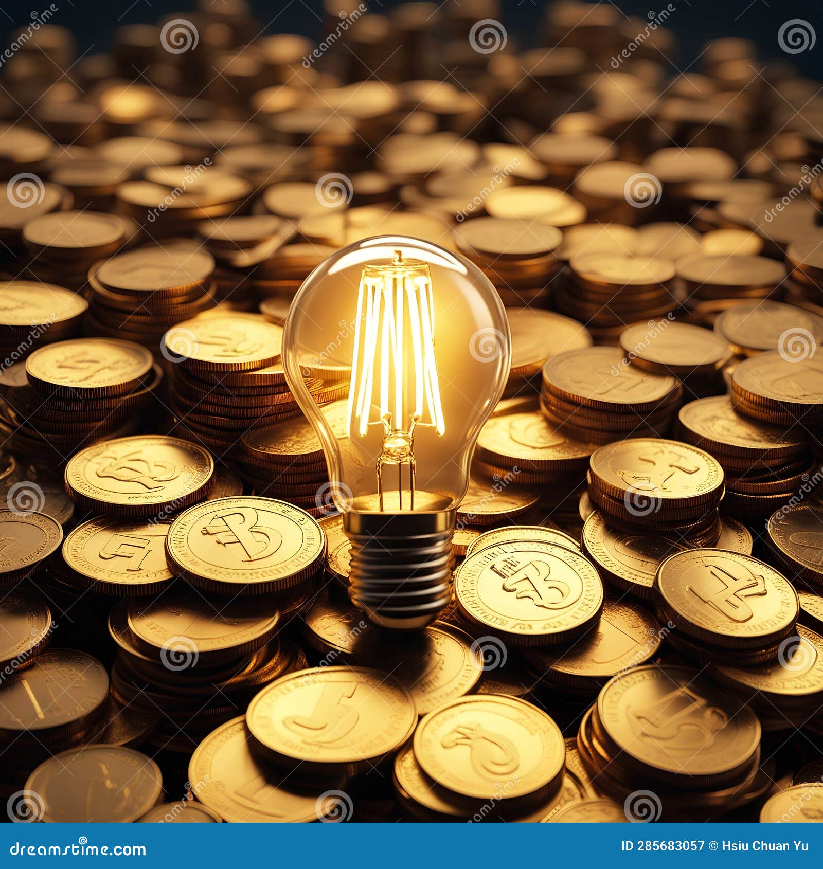 Realistic Photo of Light Bulb on Piles of Golden Coin Stock ...