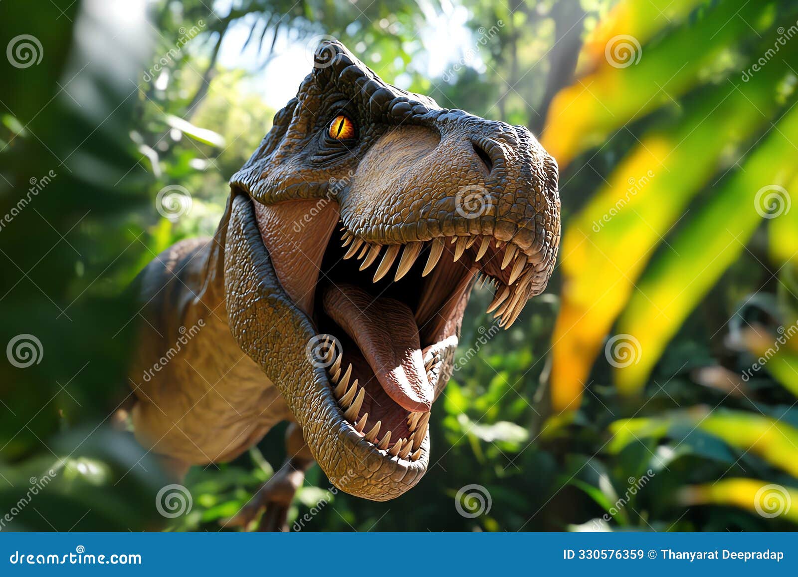 A Realistic Photo of a T-Rex Roaring in the Middle of a Dense, Ancient ...