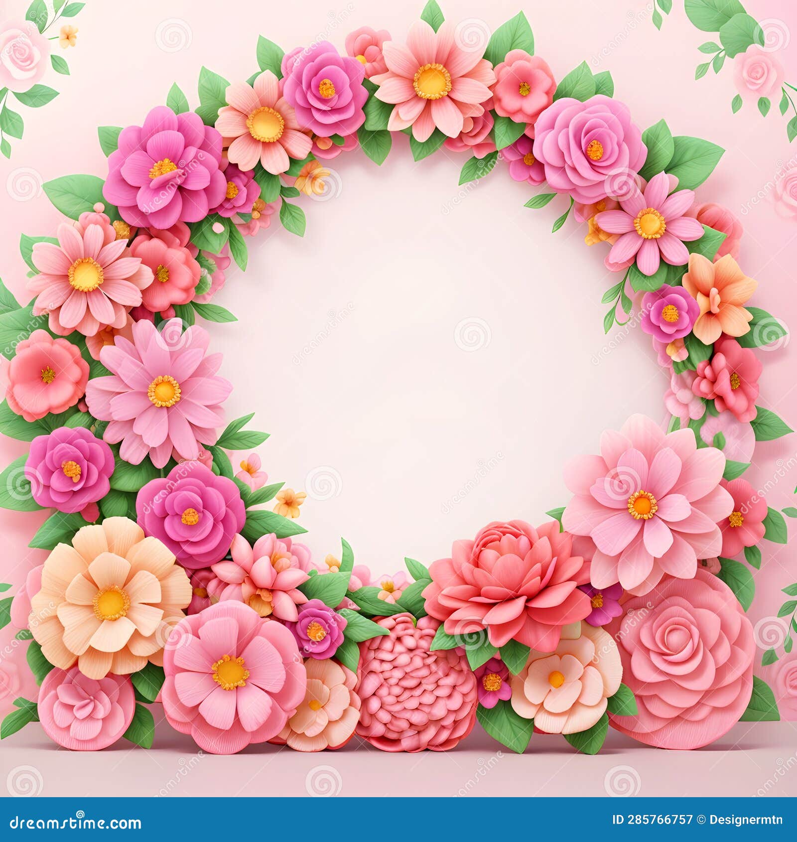 Realistic Pink Flowers Circle Frame Background Stock Illustration ...