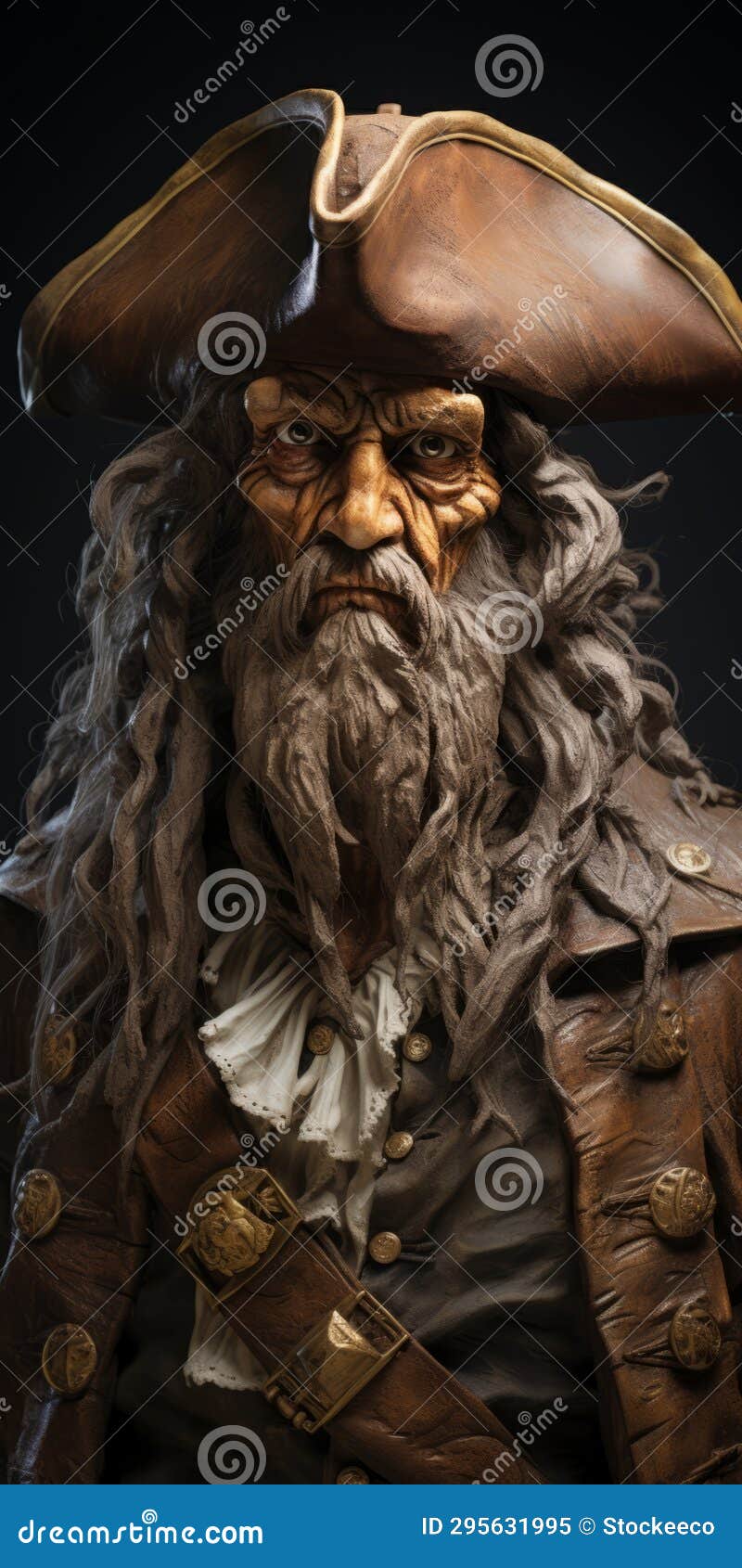 Realistic Pirate Sculpture with Gold Jacket on Black Background Stock ...