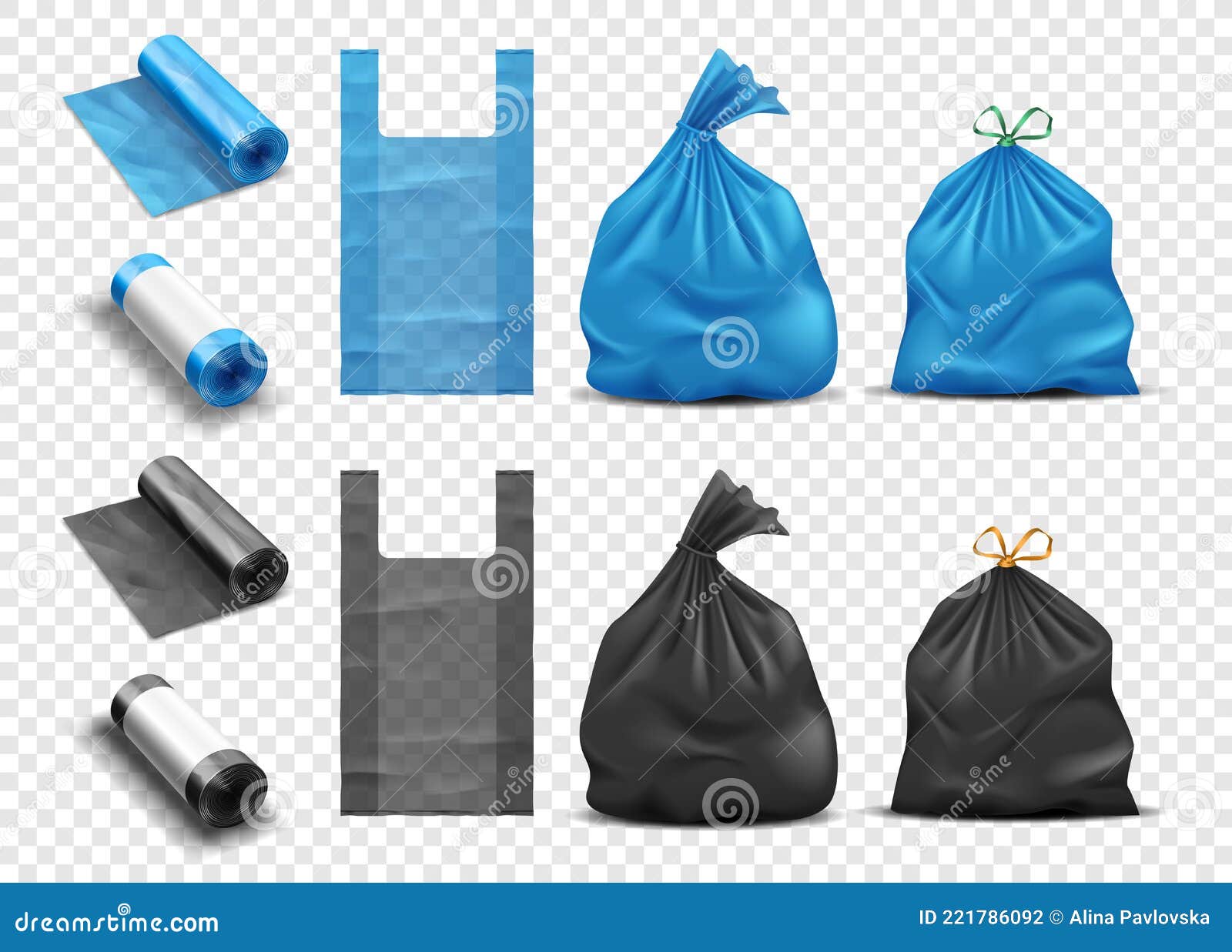 Realistic Plastic Bags for Garbage Set. Package for Rubbish, Full ...