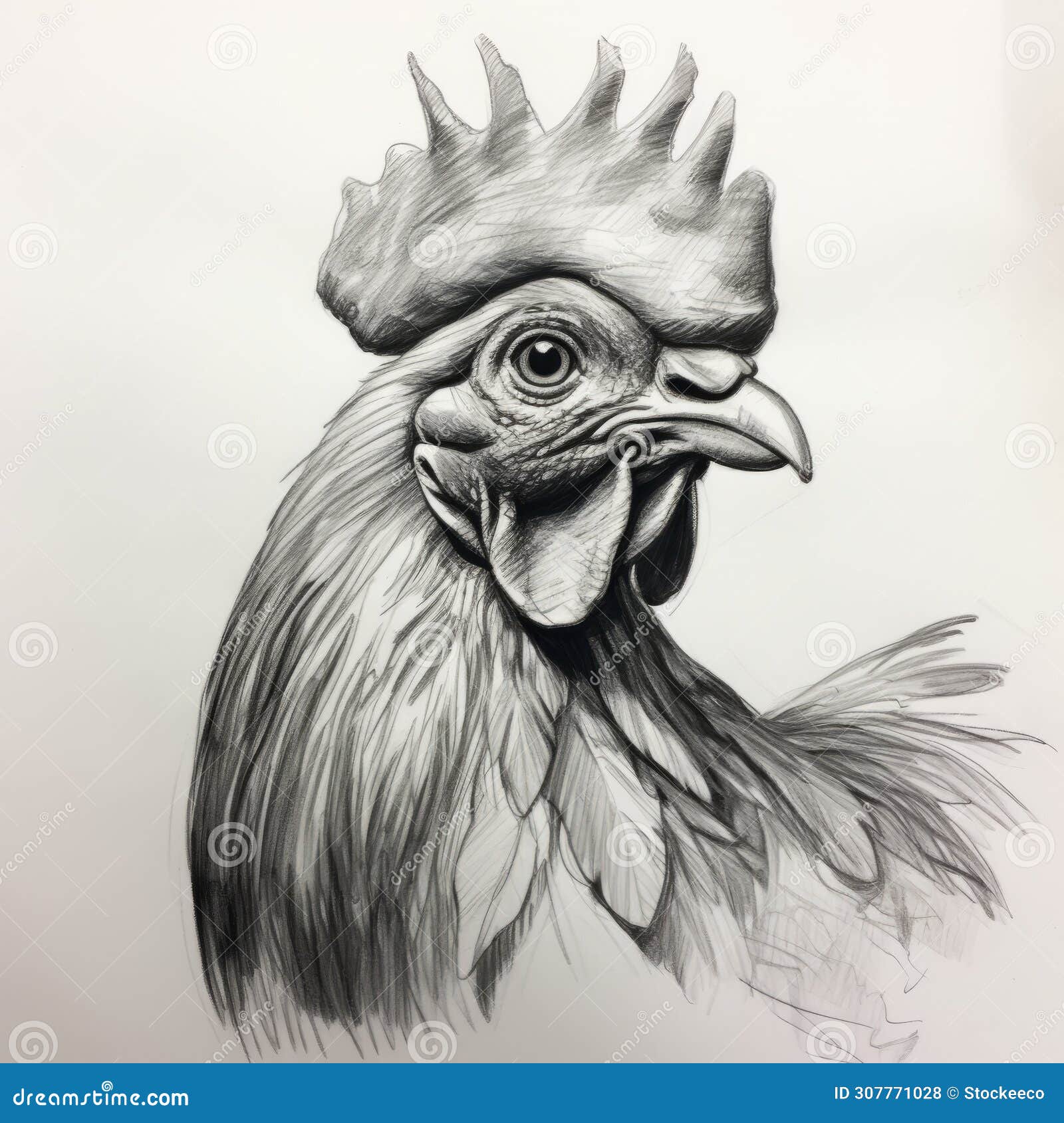 Happy Chicken Portrait Pencil and Charcoal Rooster Drawing Stock ...
