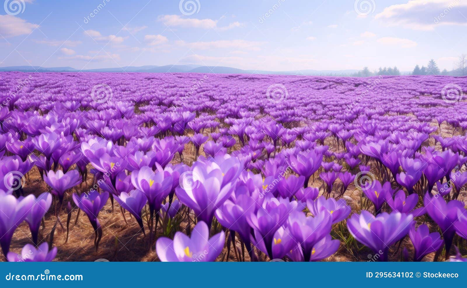 Realistic Purple Crocus Flower Field with Blue Sky Stock Illustration ...