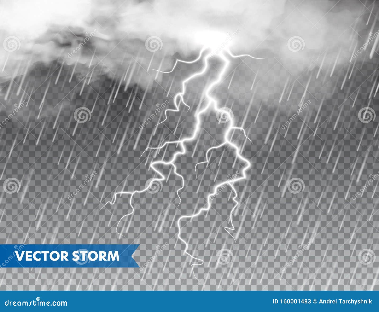 Realistic Rain With Clouds And Lightning On Transparent Background ...