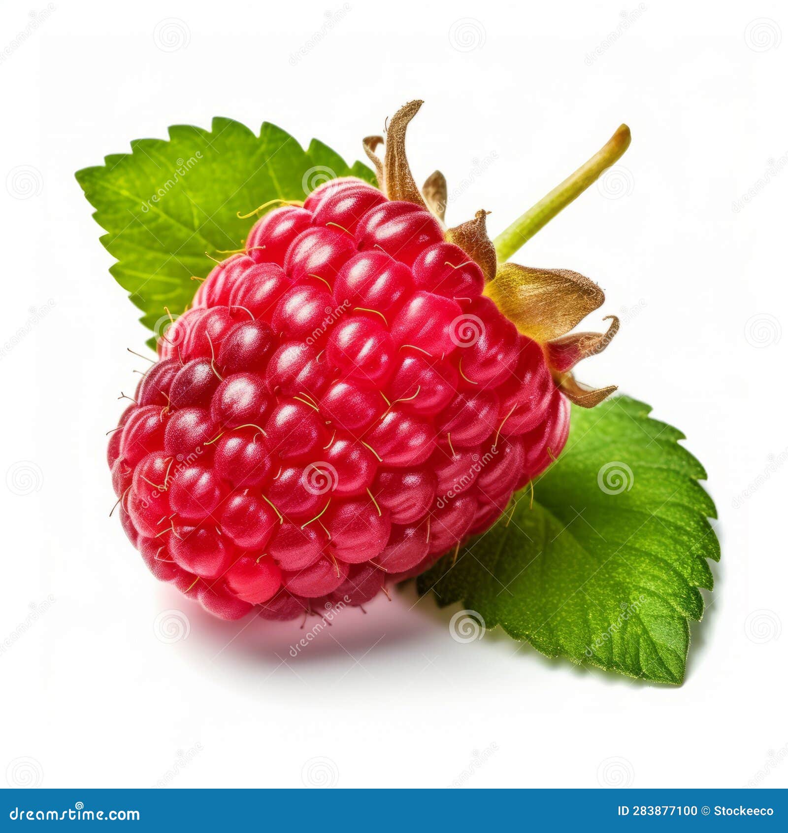 Realistic Raspberry Fruit with Green Leaves on White Background Stock ...