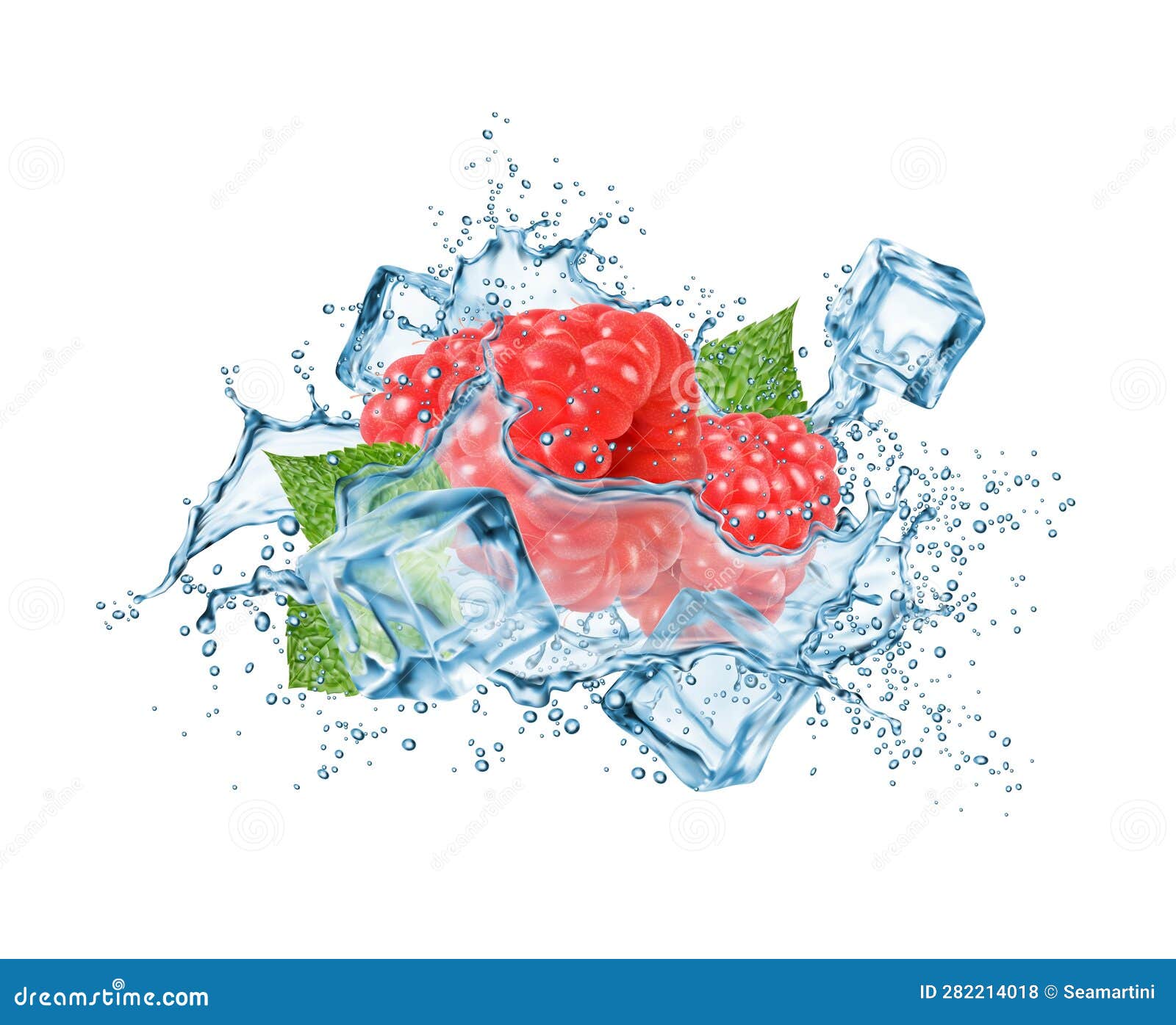 Realistic Raspberry and Water Splash with Ice Cube Stock Illustration ...