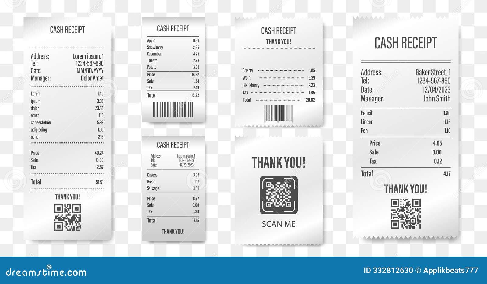 Realistic Receipt Template Collection. Receipt Bill Mockup Stock Vector ...