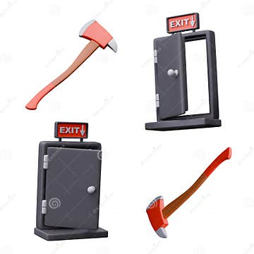 Realistic Red Fire Axe, Open Door with Exit Sign. Set of Objects in ...