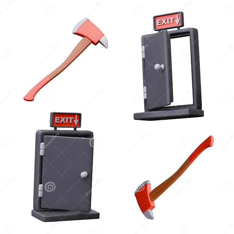 Realistic Red Fire Axe, Open Door with Exit Sign. Set of Objects in ...
