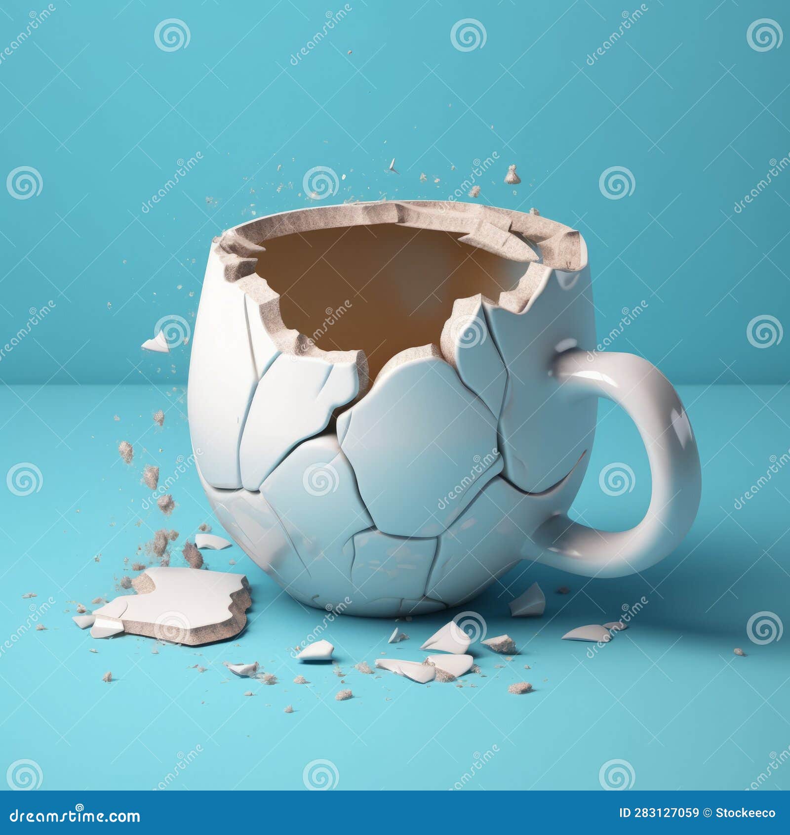 Realistic Rendering of a Broken Cup on Blue Background Stock ...