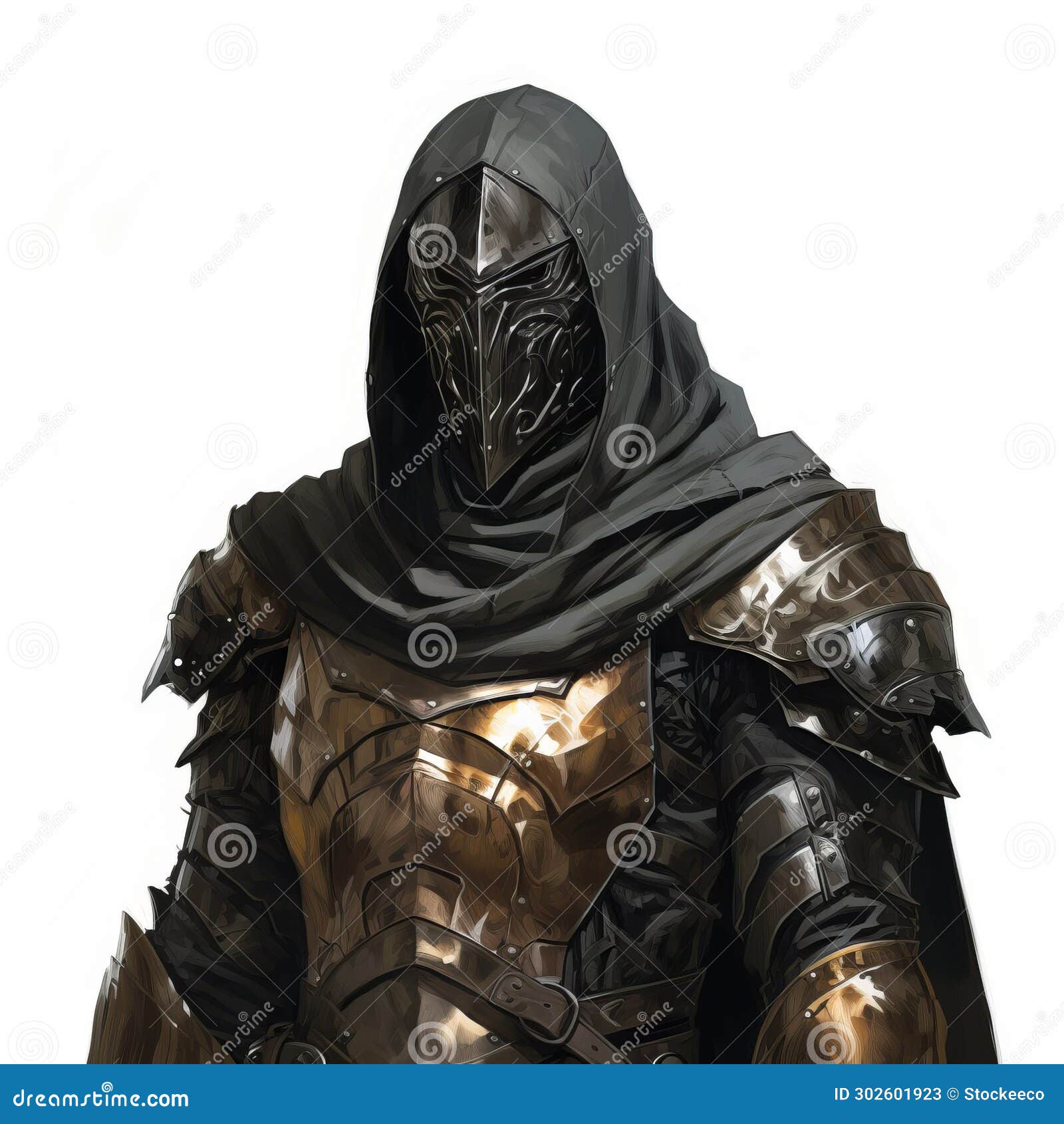 Realistic Rendering of a Knight in Dark Gold Armor and Black Cape Stock ...