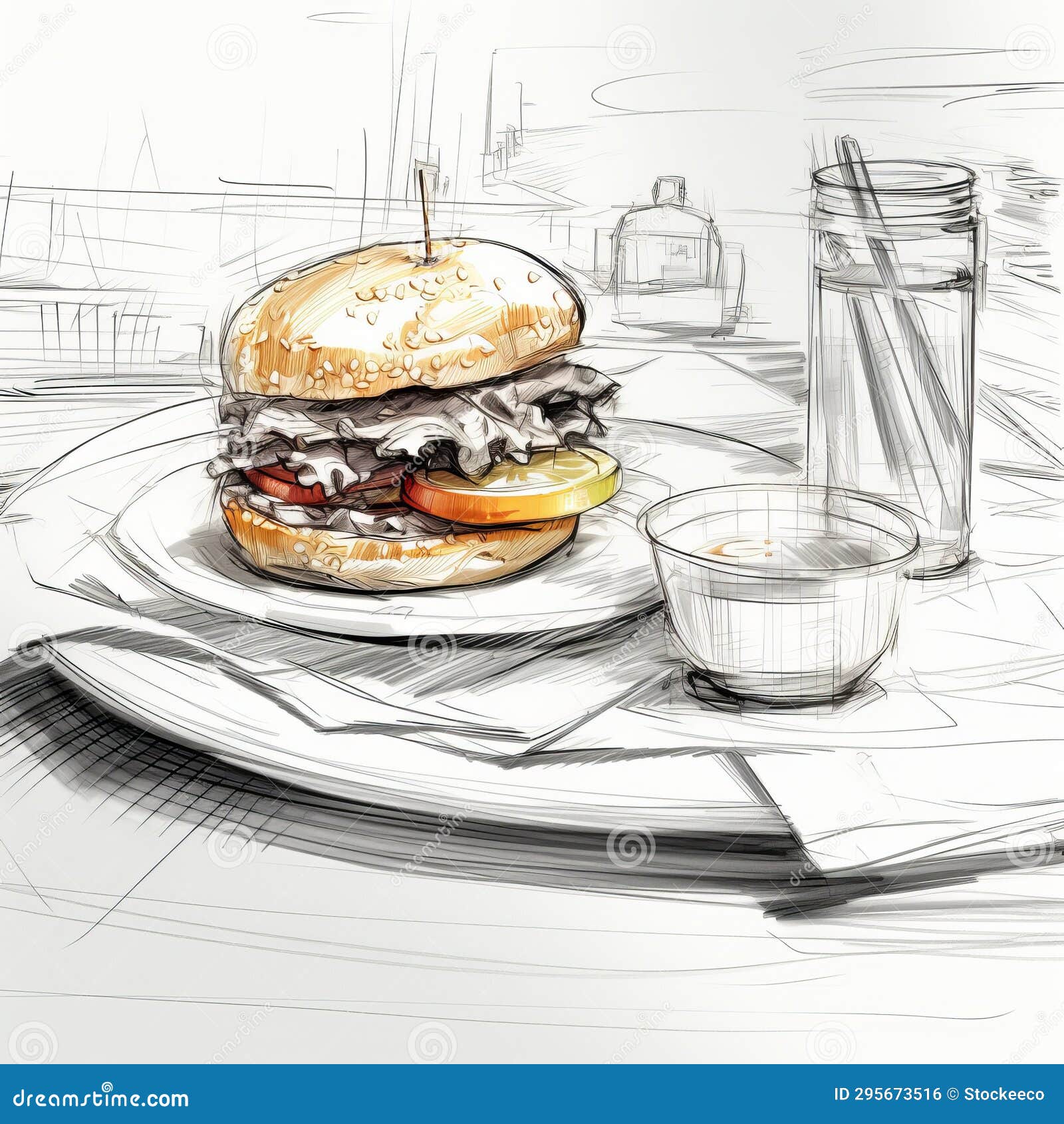 Realistic Restaurant Illustration: Sketch of a Hamburger on a Bar Stock ...