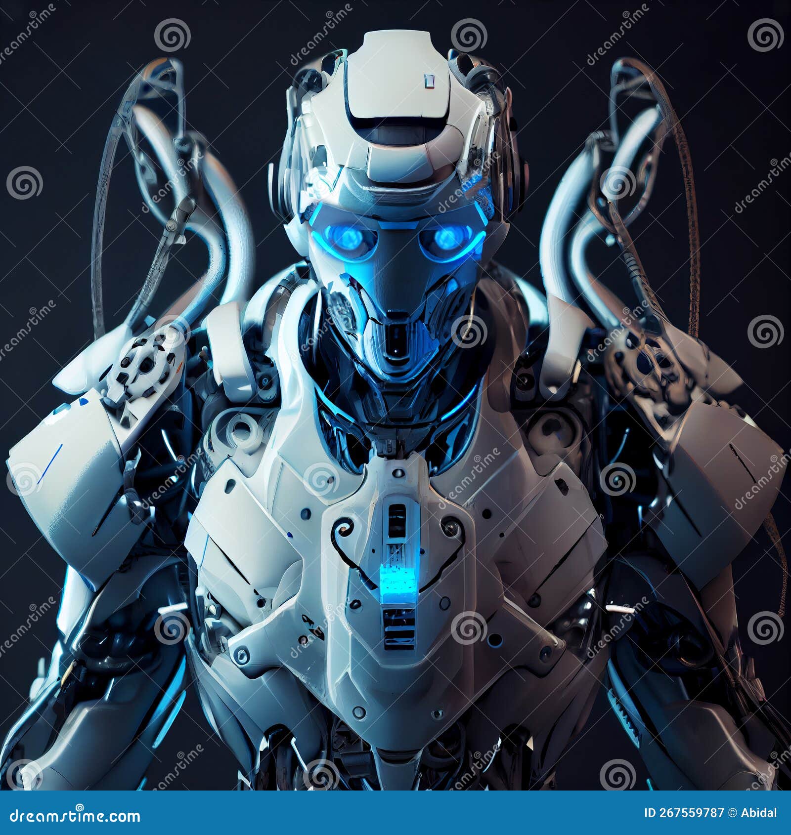 Robot Android Man with Blue Eyes and Blue Lights Stock Illustration ...