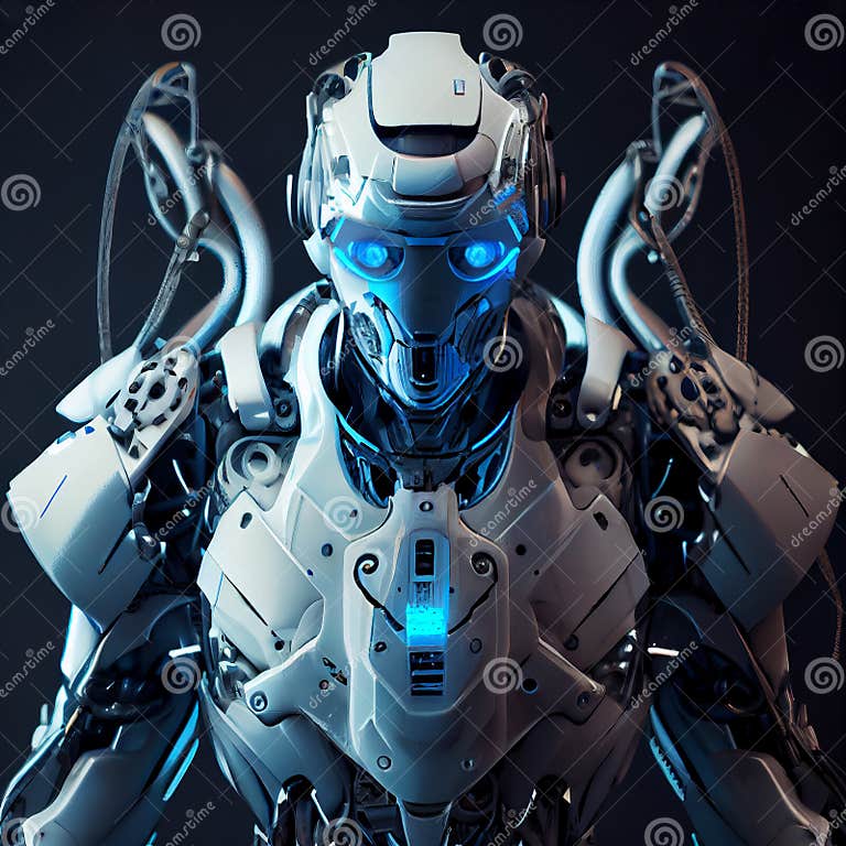 Robot Android Man with Blue Eyes and Blue Lights Stock Illustration ...