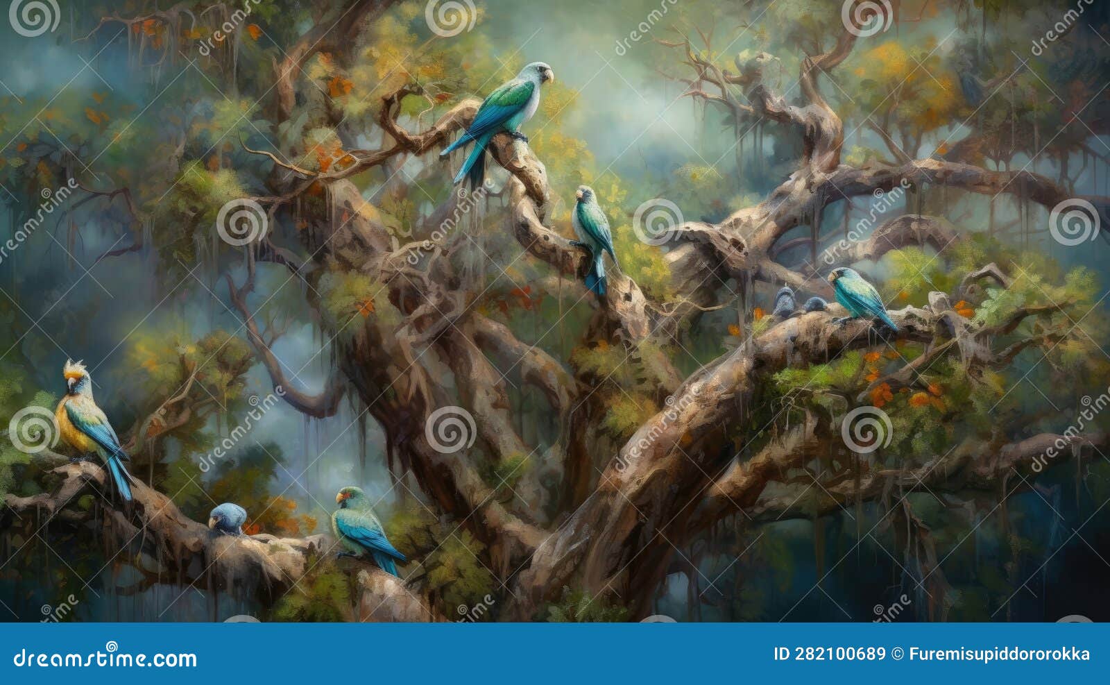Realistic Scene of Birds Perched on Tree Branches, Singing Their ...