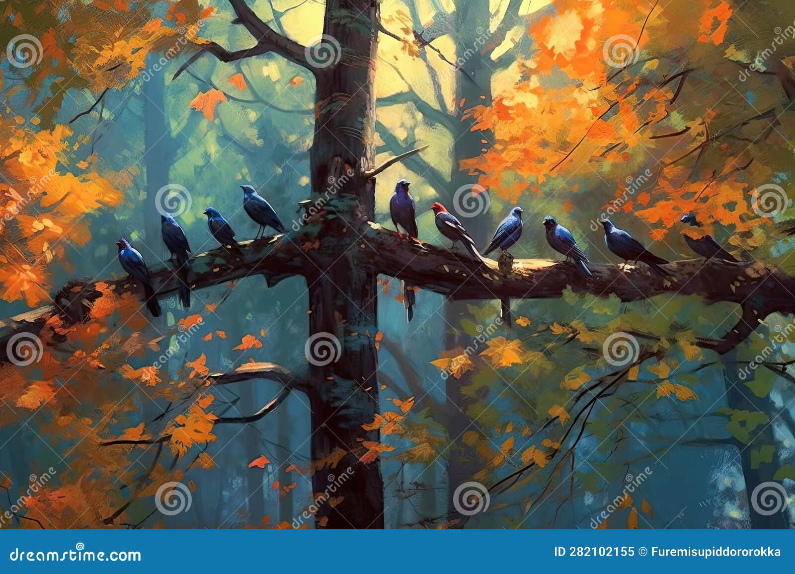 Realistic Scene of Birds Perched on Tree Branches, Singing Their ...