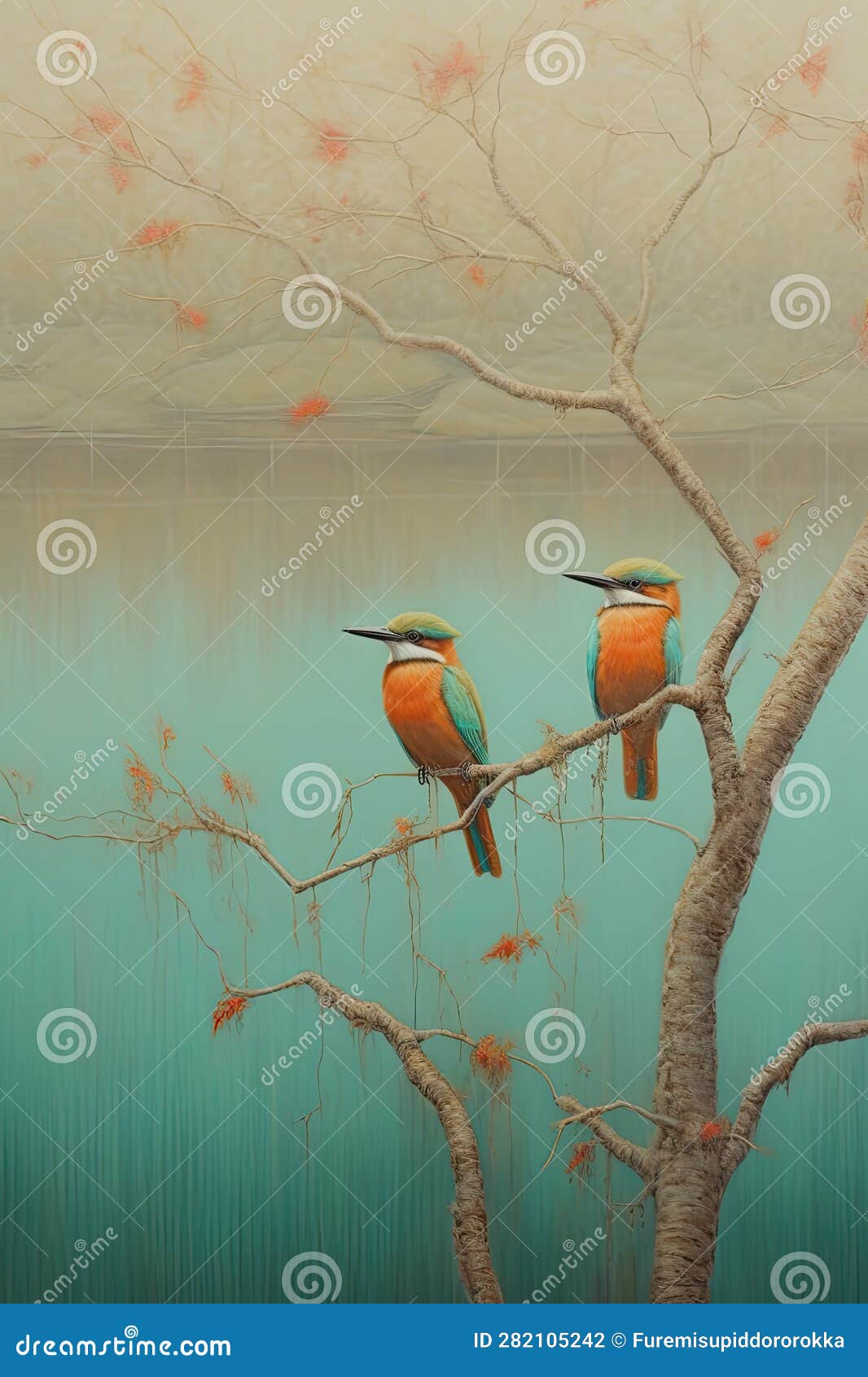 Realistic Scene of Birds Perched on Tree Branches, Singing Their ...
