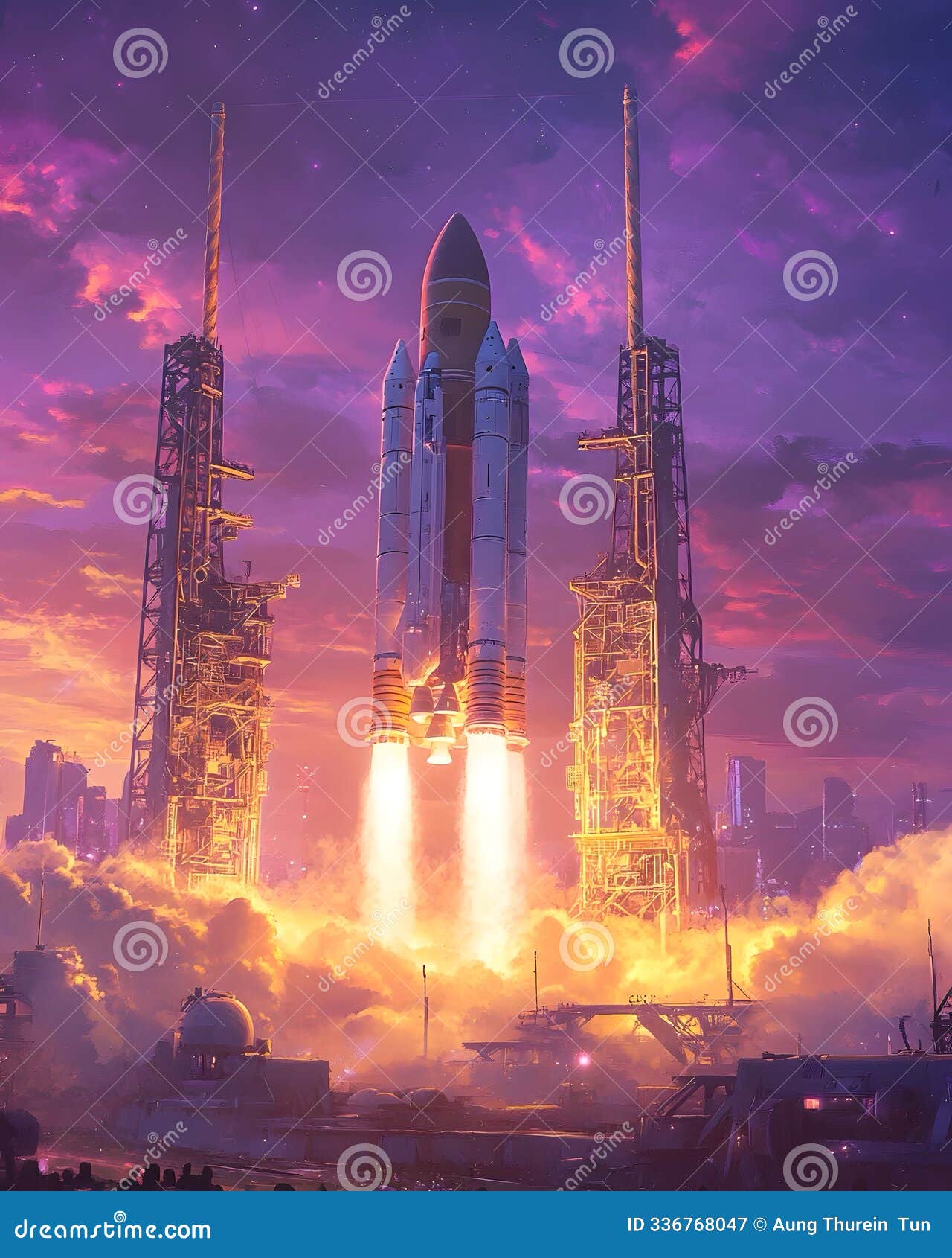 Realistic Scene of a Massive Spaceship Launching from a High-tech Space ...