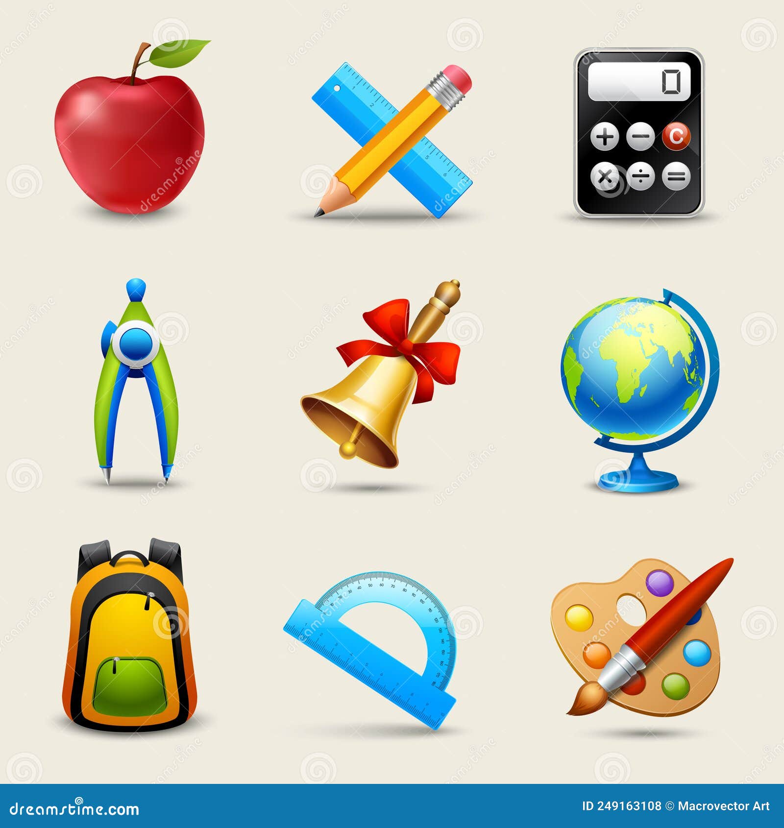 Realistic School Icons Set stock vector. Illustration of color - 249163108